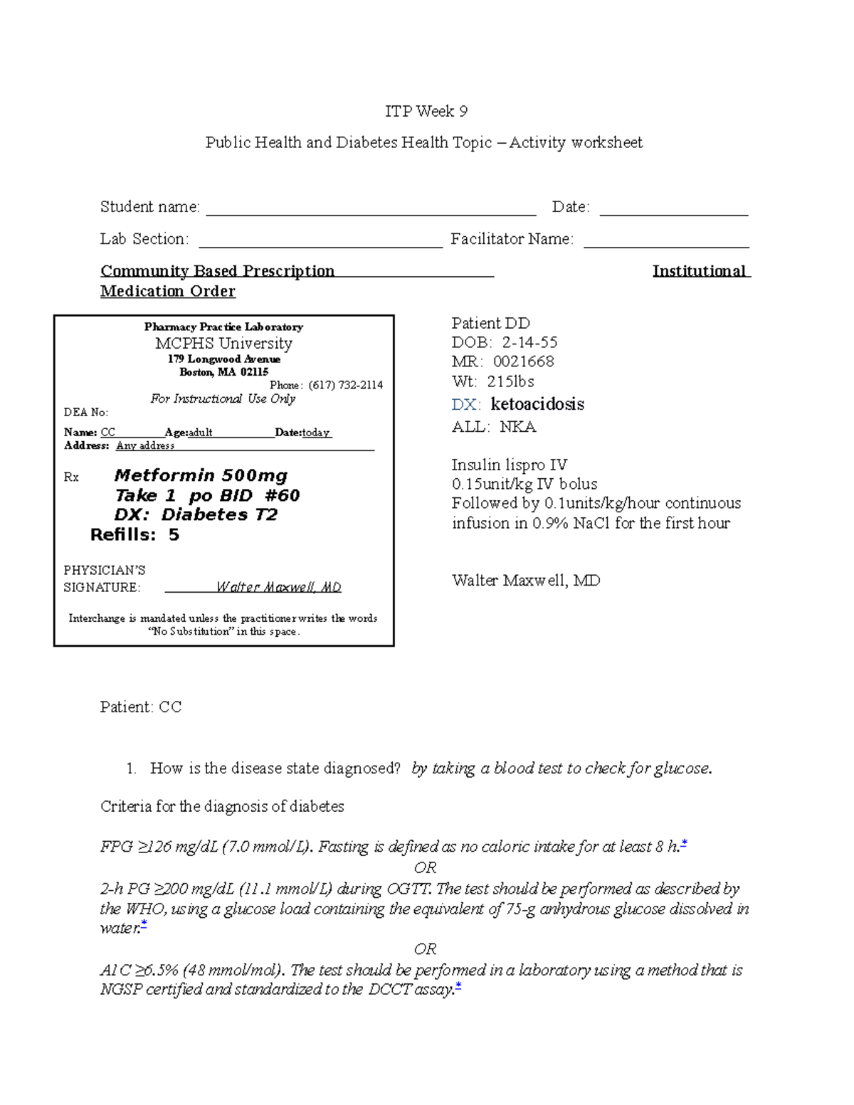 Week 9 Public Health and Diabetes activity worksheet 1 - answer - ITP ...