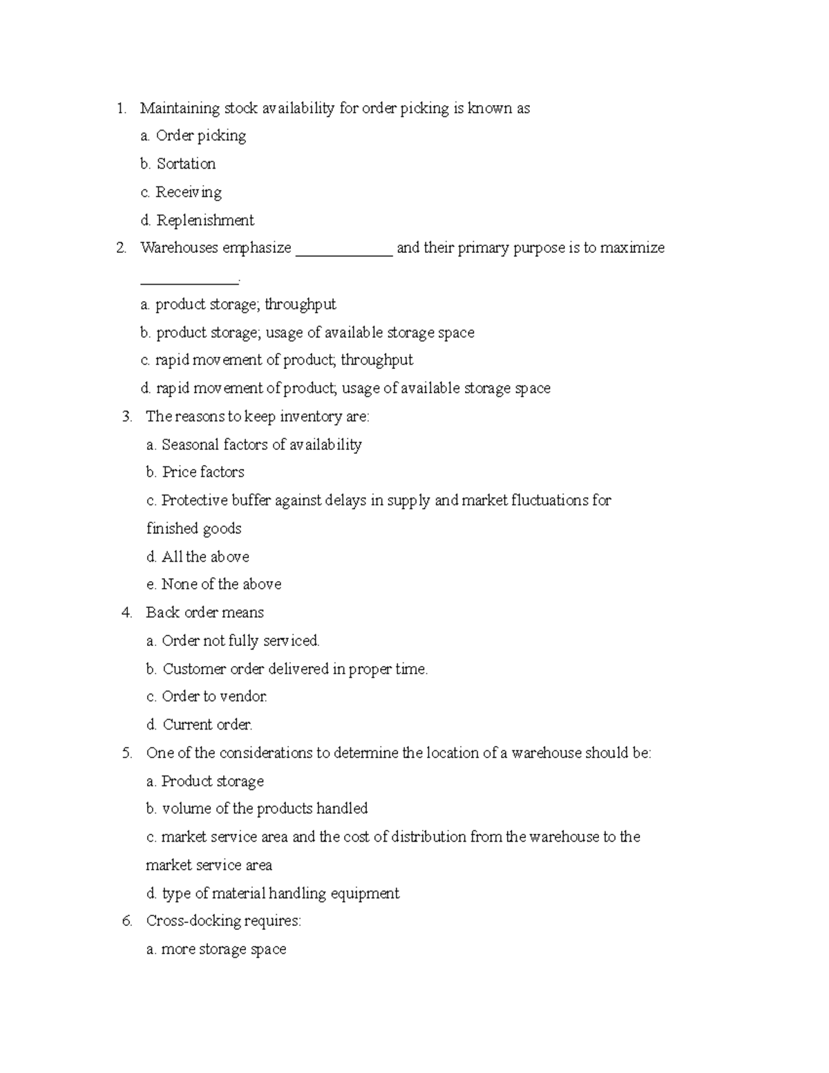 Warehouse MGT Propose MCQ CA - Maintaining stock availability for order ...
