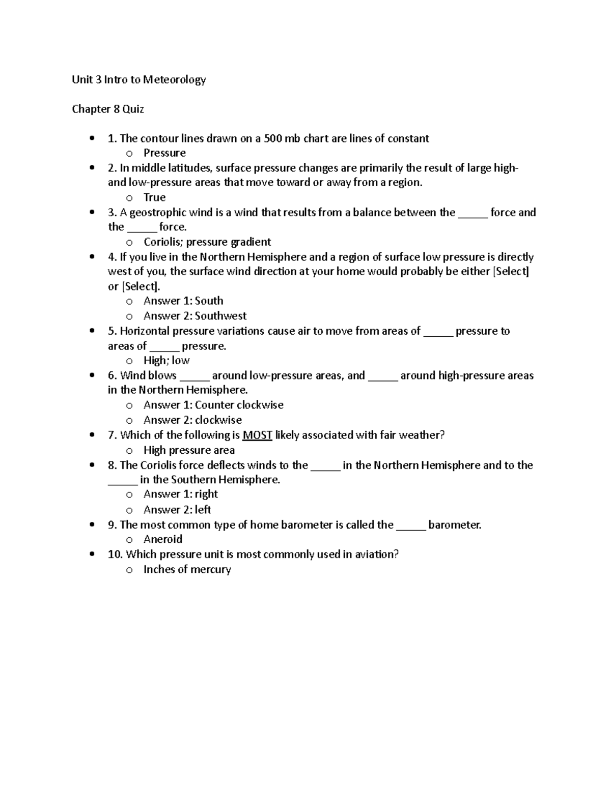 Chapter 8Quiz - Unit 3 Intro to Meteorology Chapter 8 Quiz 1. The ...
