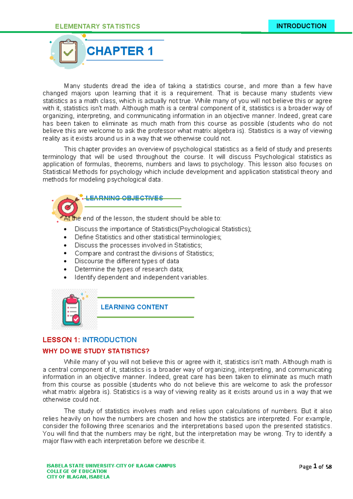 Module In Psy Stat Chapter 1 3 Elementary Statistics Isabela State