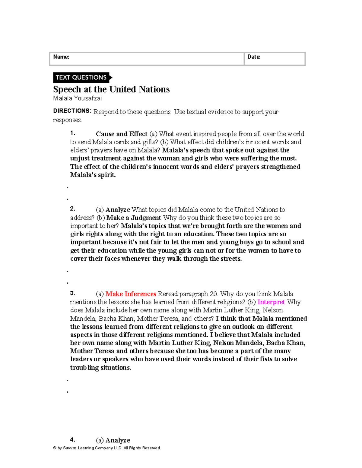 Copy of Critical Thinking questions - Name: Date: Speech at the United ...