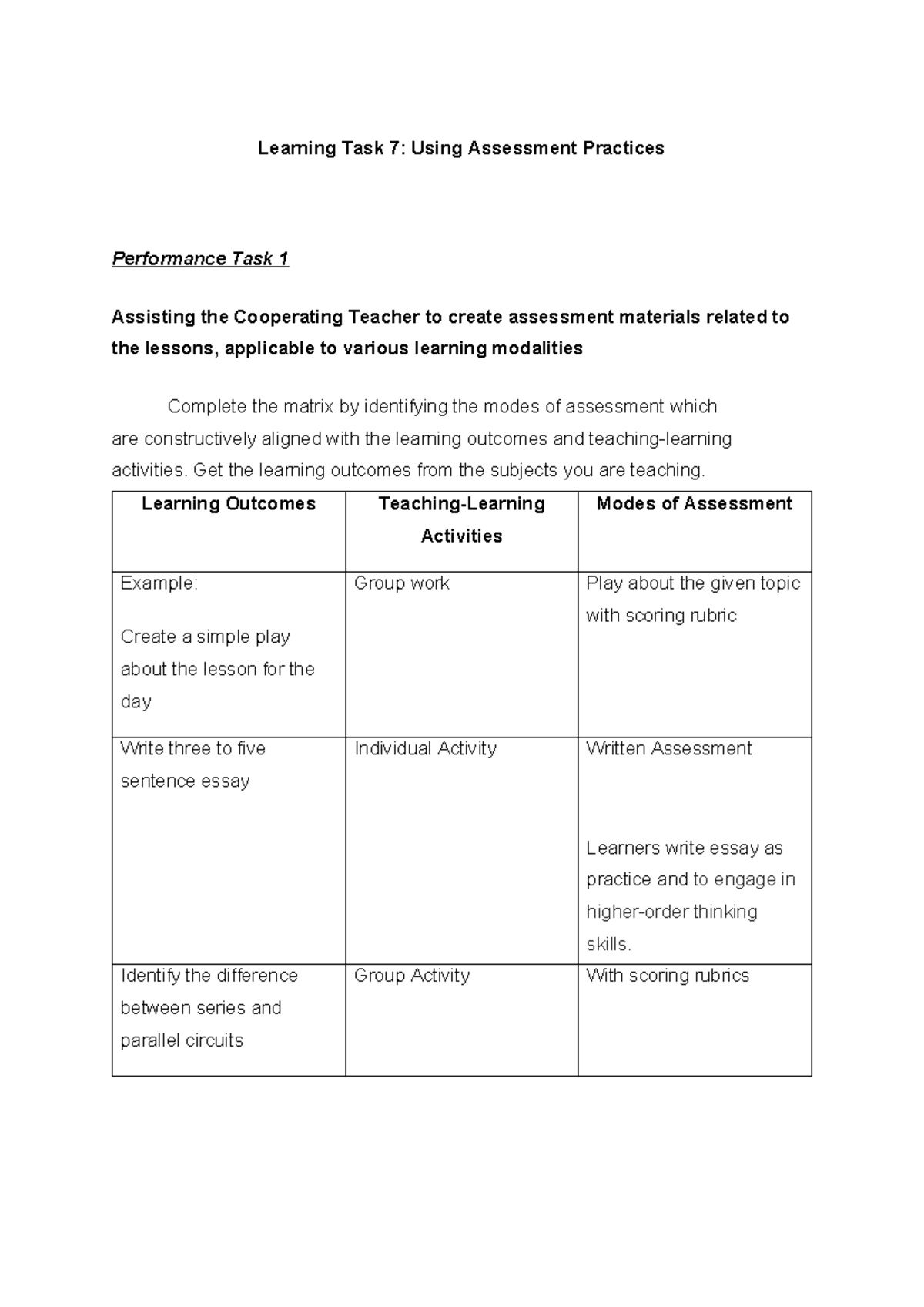 Learning-Task-7 - Learning Task - Learning Task 7: Using Assessment Practices Performance Task 1 ...