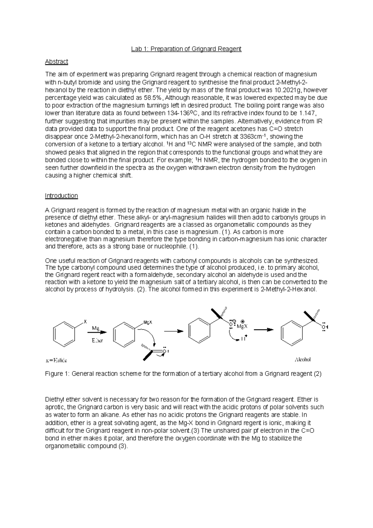 Student Example 1 - Lab 1: Preparation of Grignard Reagent Abstract The ...