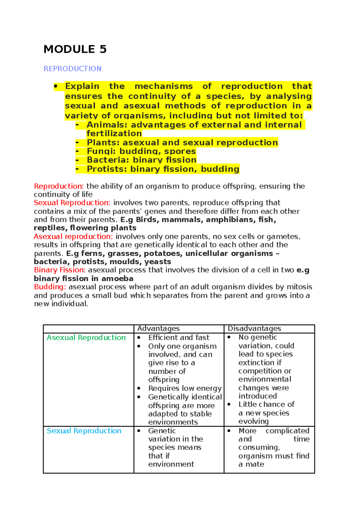 Biology (2019 Course) Module 5 Notes (FULL) - MODULE 5 REPRODUCTION ...