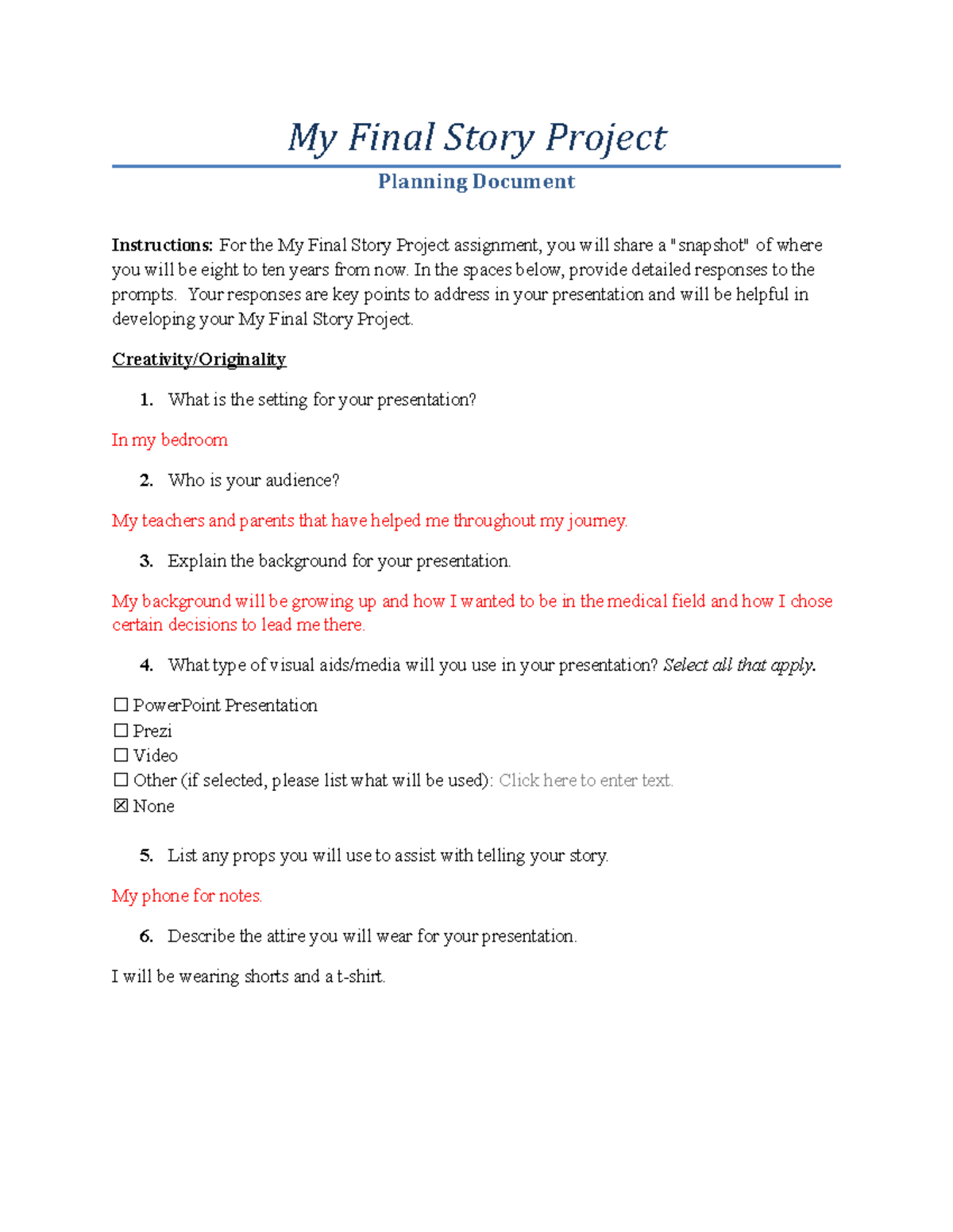 My FSP - Planning Document - My Final Story Project Planning Document ...