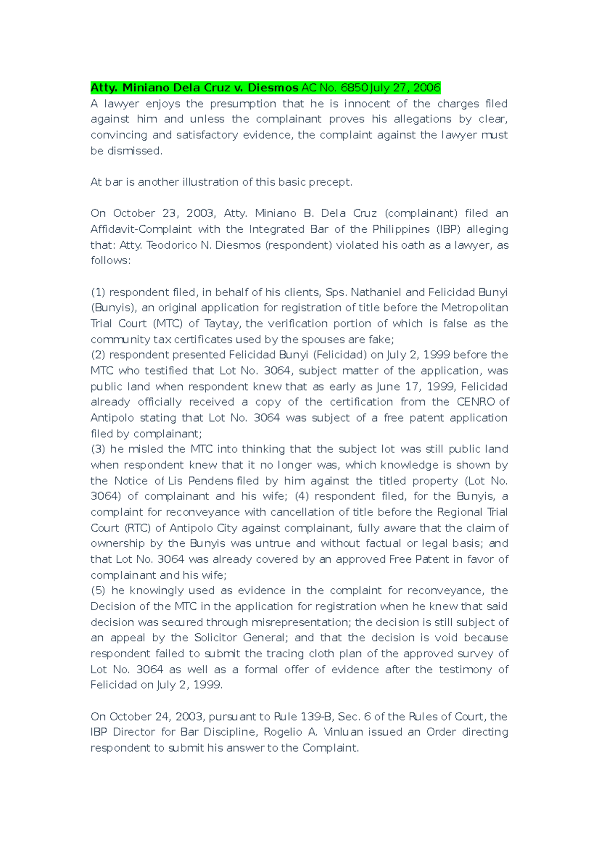 Atty Miniano vs Deismus - Atty. Miniano Dela Cruz v. Diesmos AC No ...