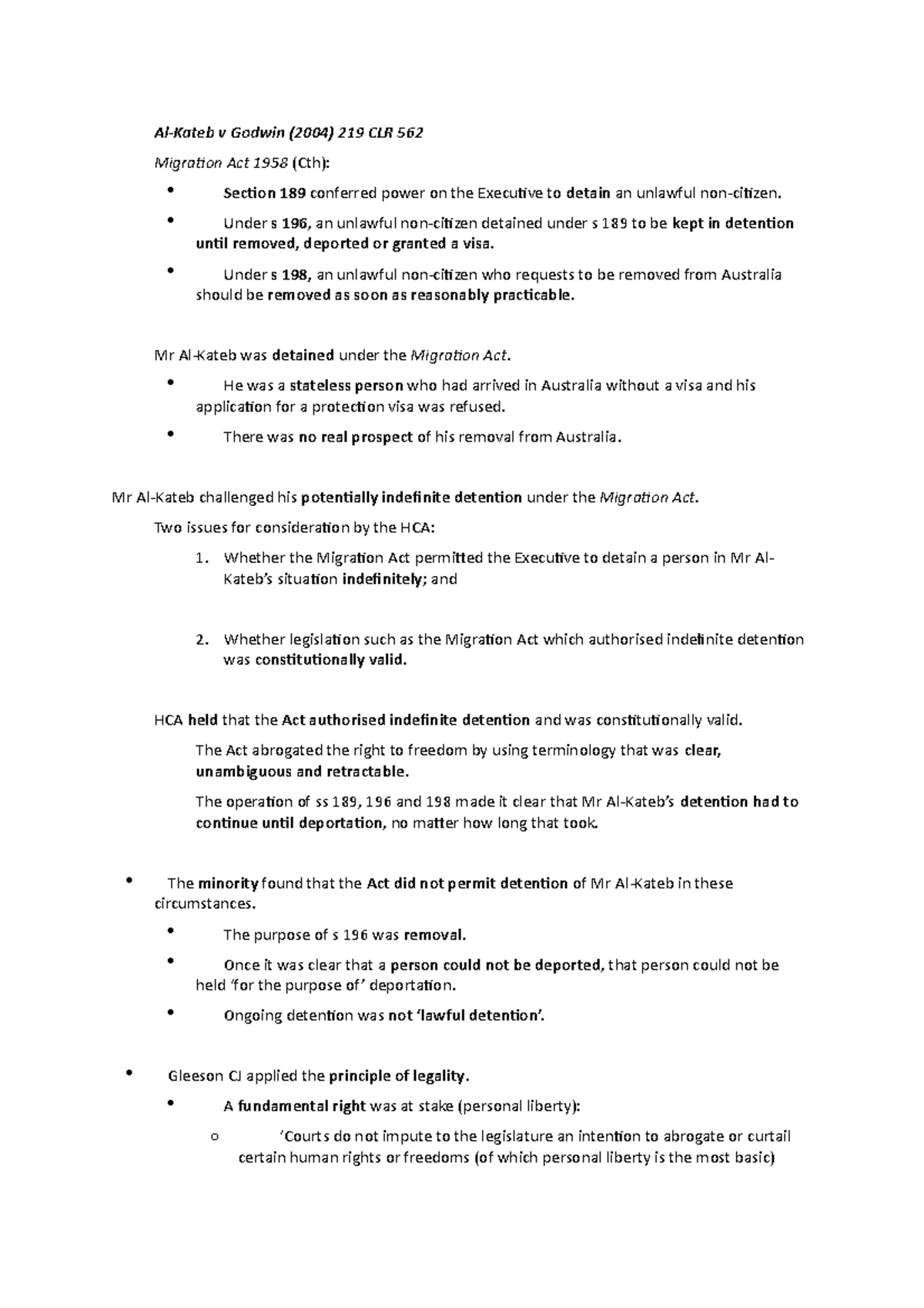 Al- kateb case summary - Al-Kateb v Godwin (2004) 219 CLR 562 Migraion ...