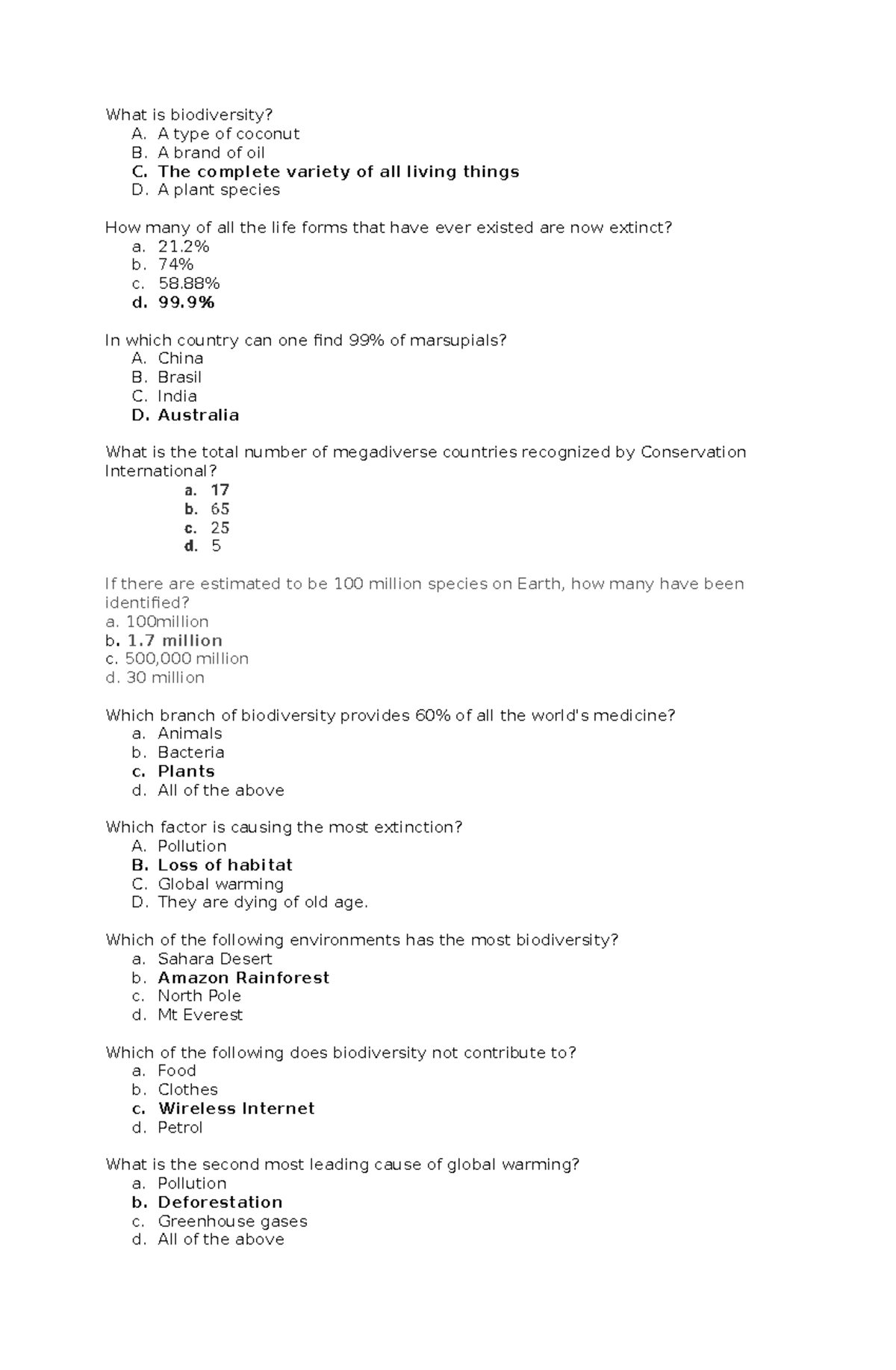 Ecology - Sample Quiz - What is biodiversity? A. A type of coconut B. A ...