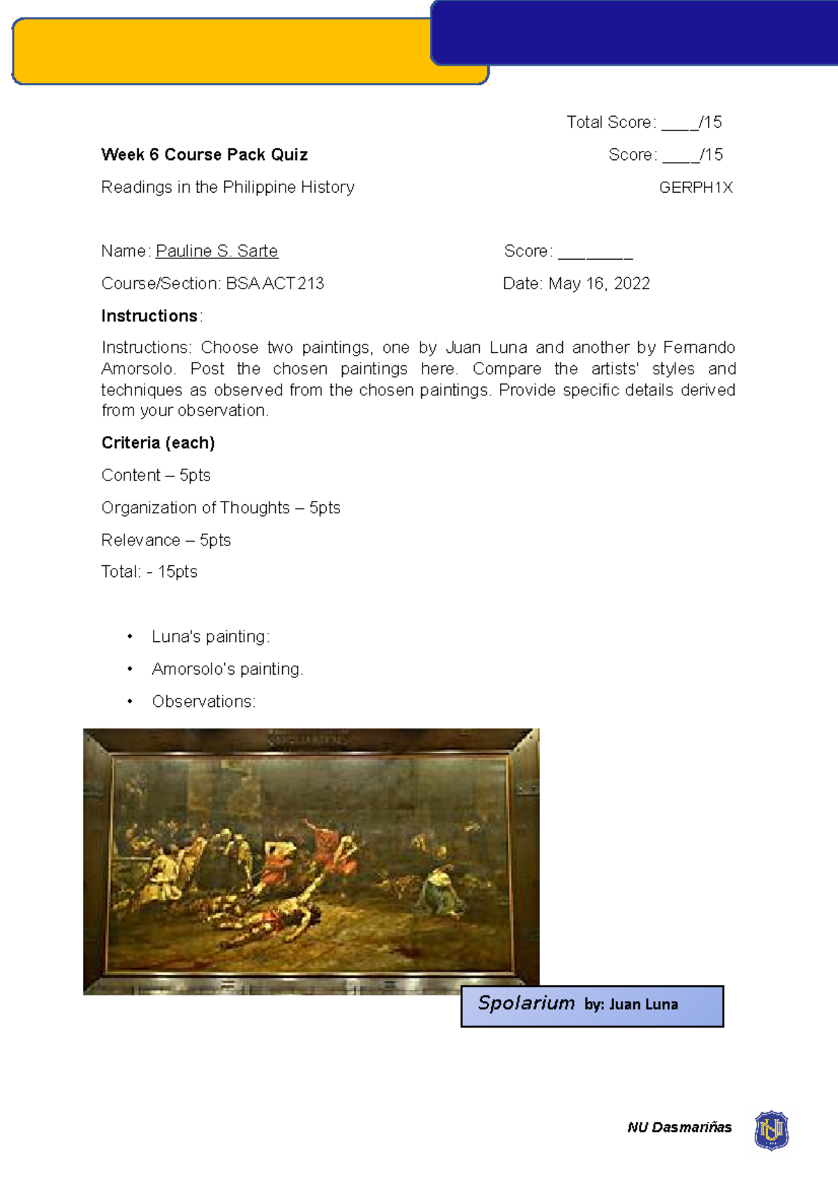 Week 6 Course Pack Quiz-Sarte - Total Score: ____/ Week 6 Course Pack ...