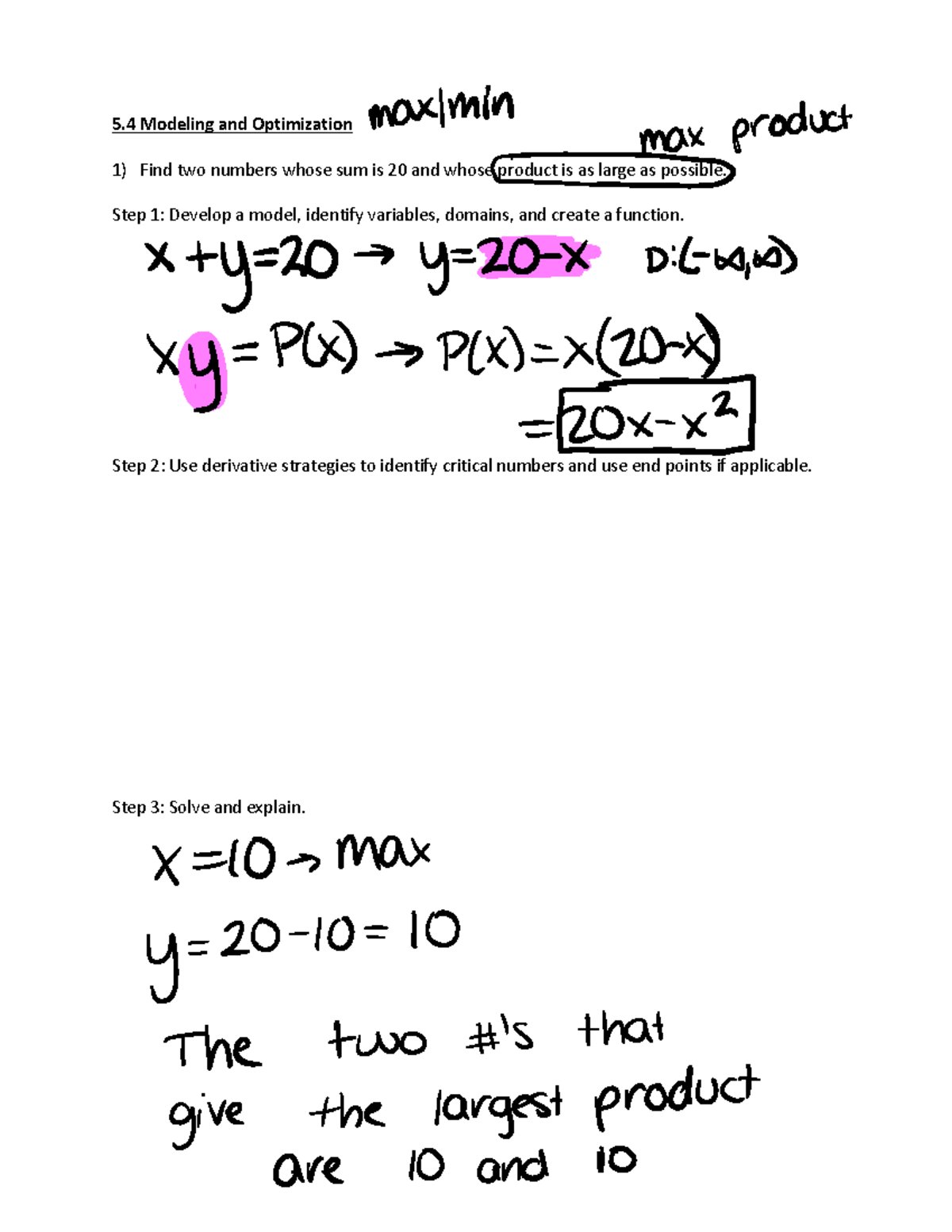 5.4 notes day 2 key - 5 Modeling and Optimization Find two numbers ...