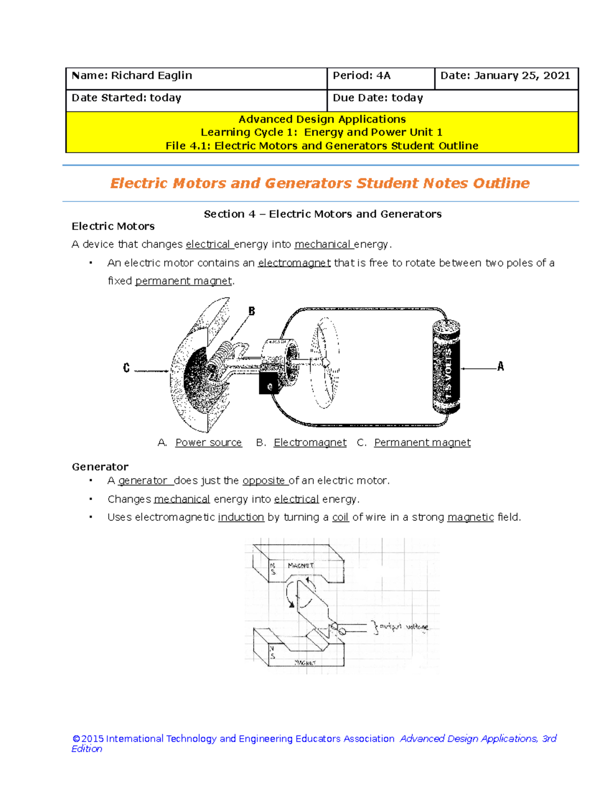 07 Student Notes Electric Motorsand Generators - Name: Richard Eaglin ...