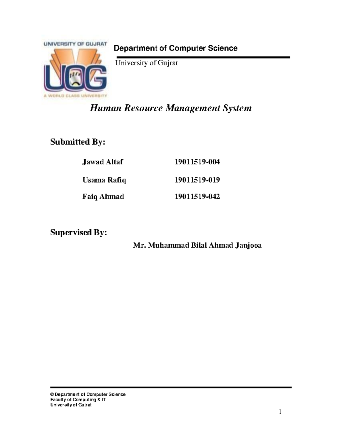Final. FYP Proposal HRMS - © Department of Computer Science Faculty of Computing & IT University ...