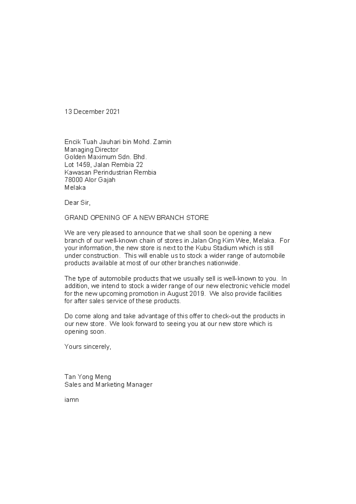 Letter Job 6 - 13 December 2021 Encik Tuah Jauhari bin Mohd. Zamin ...