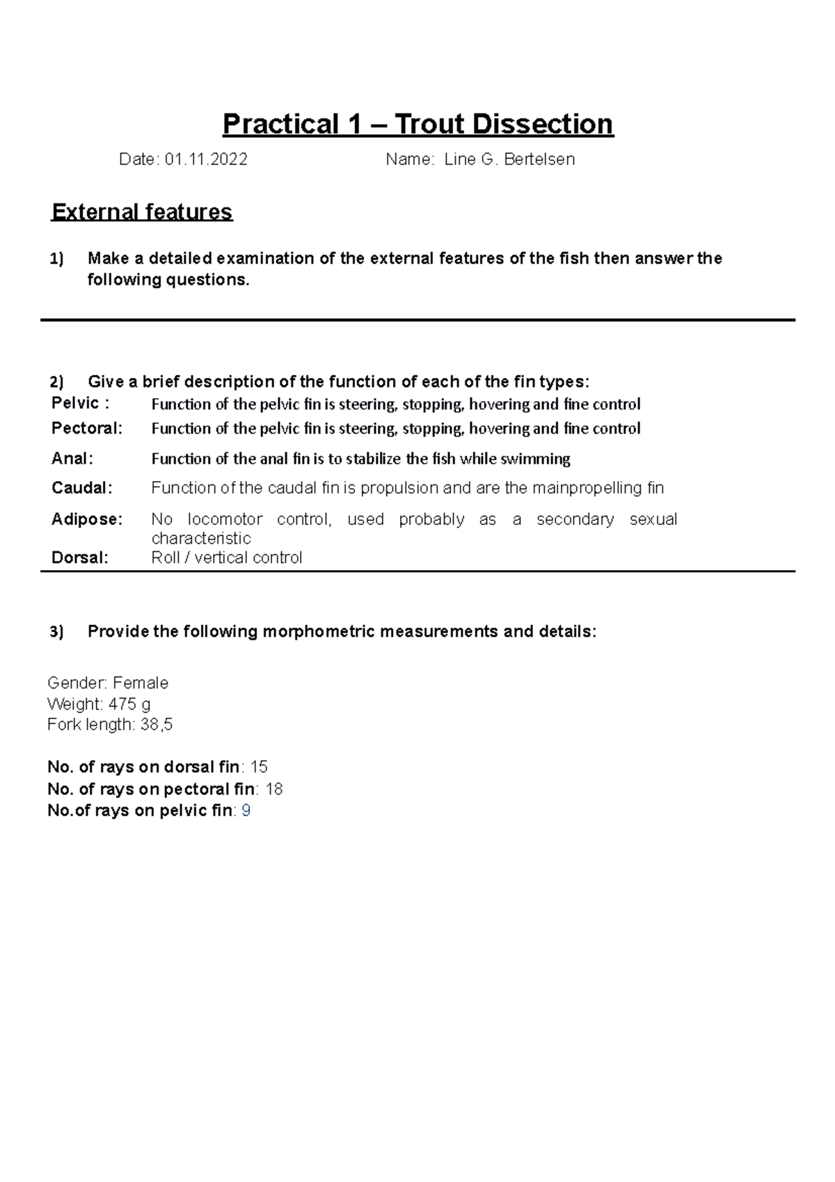 Fish Anatomy Practical - Practical 1 – Trout Dissection Date: 01.11 ...