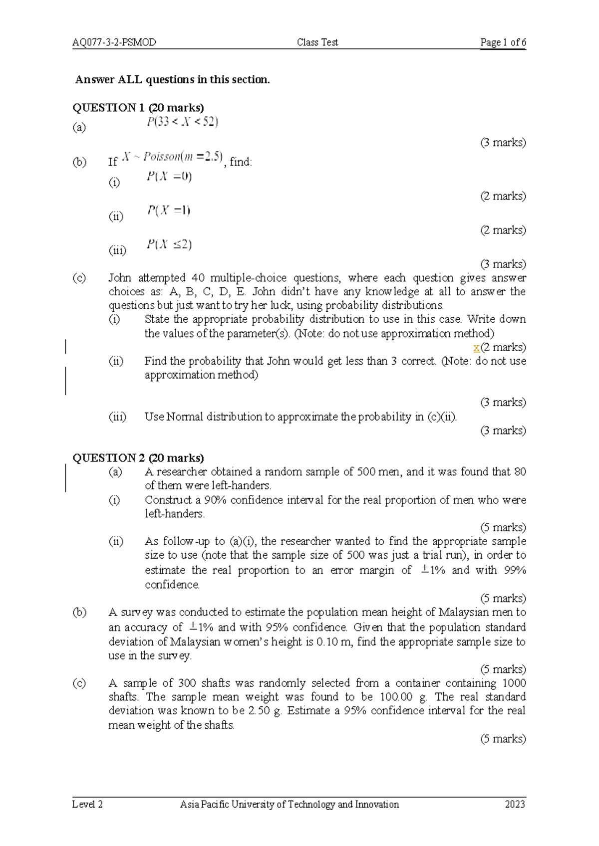 Class Test(Q) Test Exercise - Answer ALL questions in this section ...