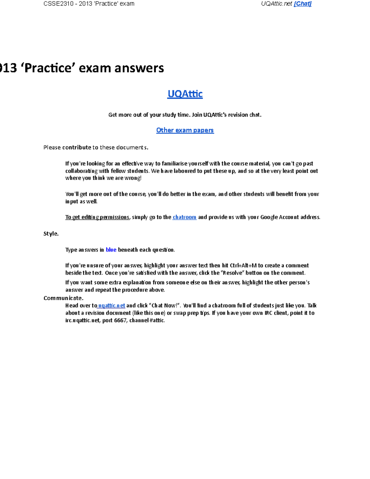 Exam 10 November 2013, answers - 013 ‘Practice’ exam answers UQAttic ...