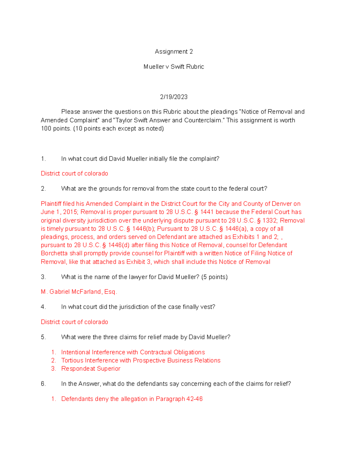 Mueller v Swift - ” This assignment is worth 100 points. (10 points ...