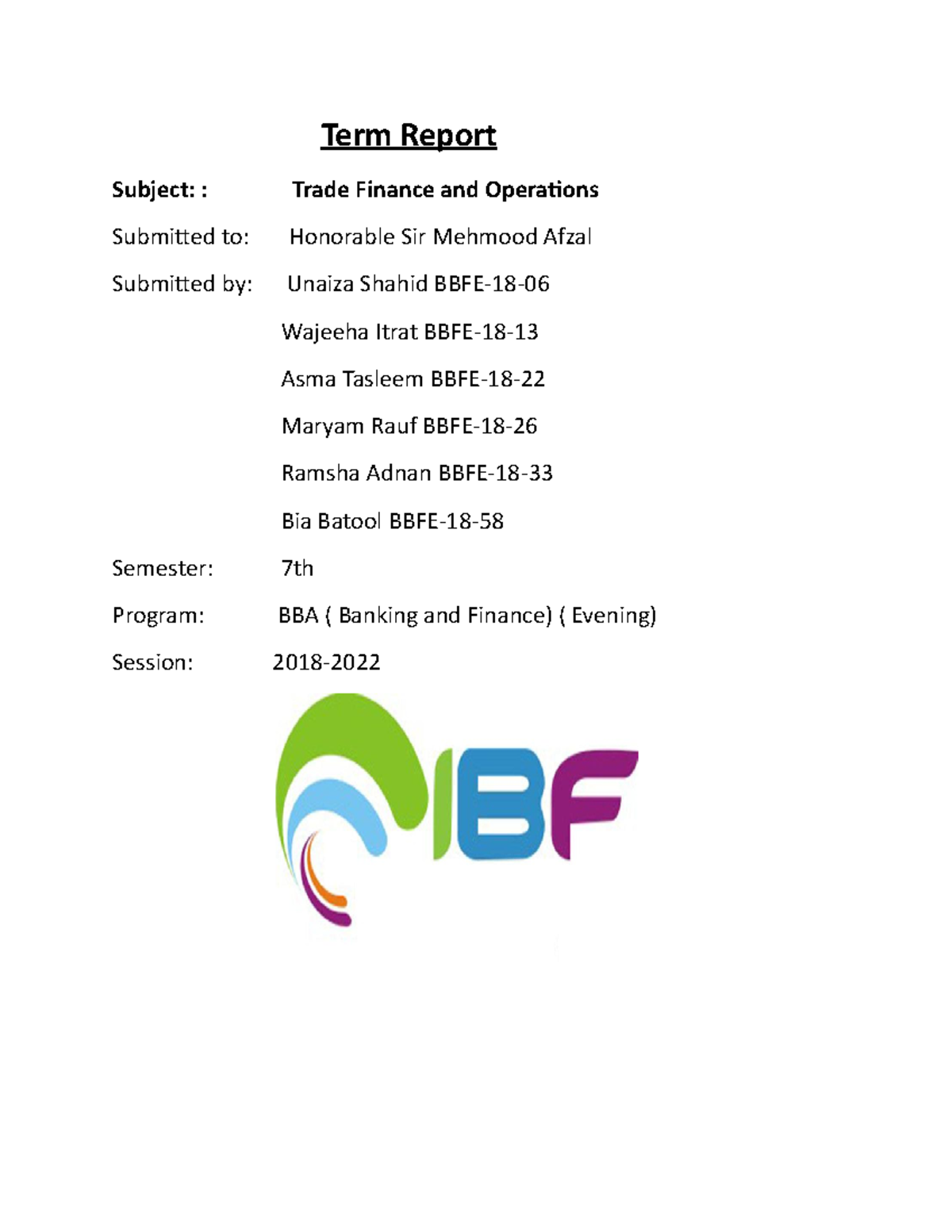 Trade Finance and Operations - Term Report Subject: : Trade Finance and ...