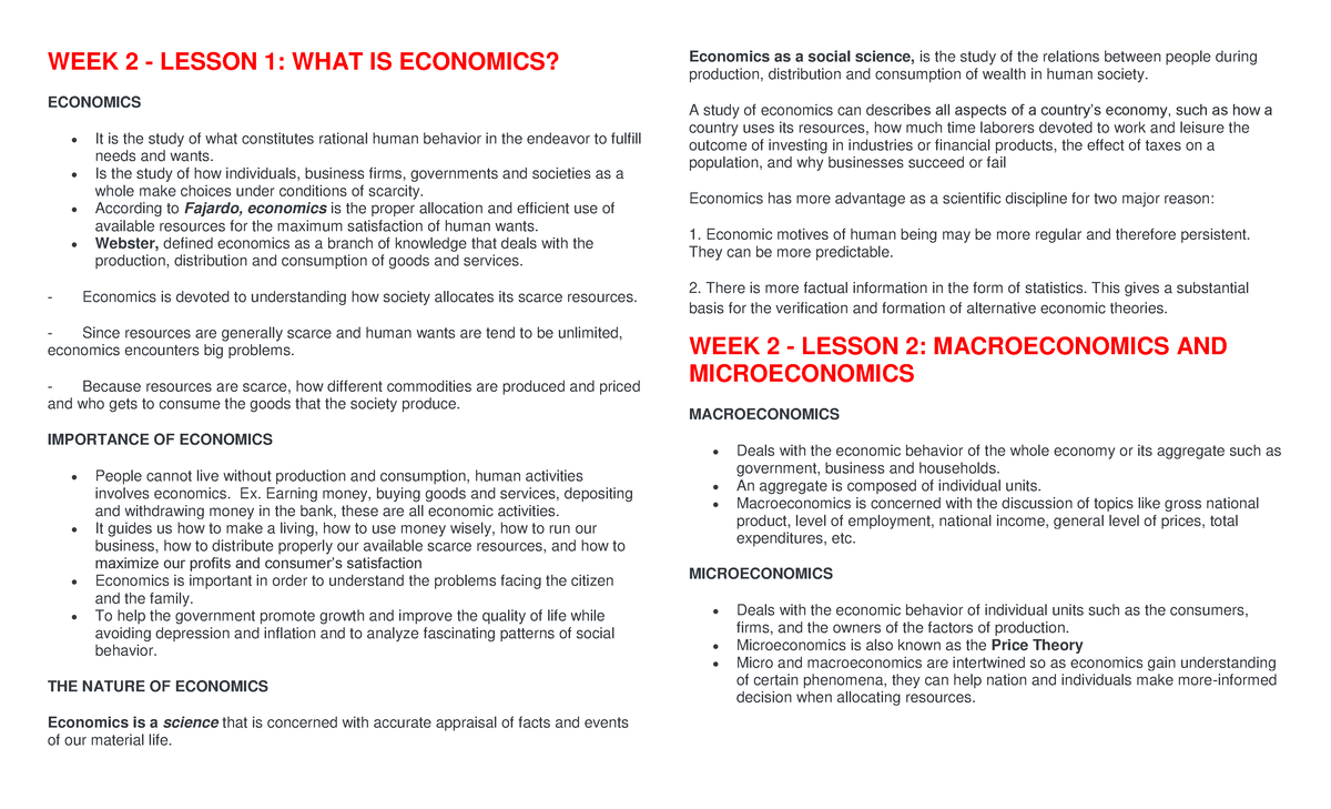 APP ECO - SHS - Applied Economics - WEEK 2 - LESSON 1: WHAT IS ECONOMICS? ECONOMICS It is the ...