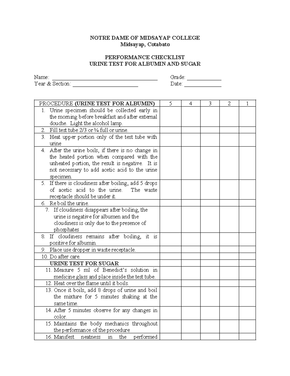 Urine-TEST- Checklist - NOTRE DAME OF MIDSAYAP COLLEGE Midsayap ...