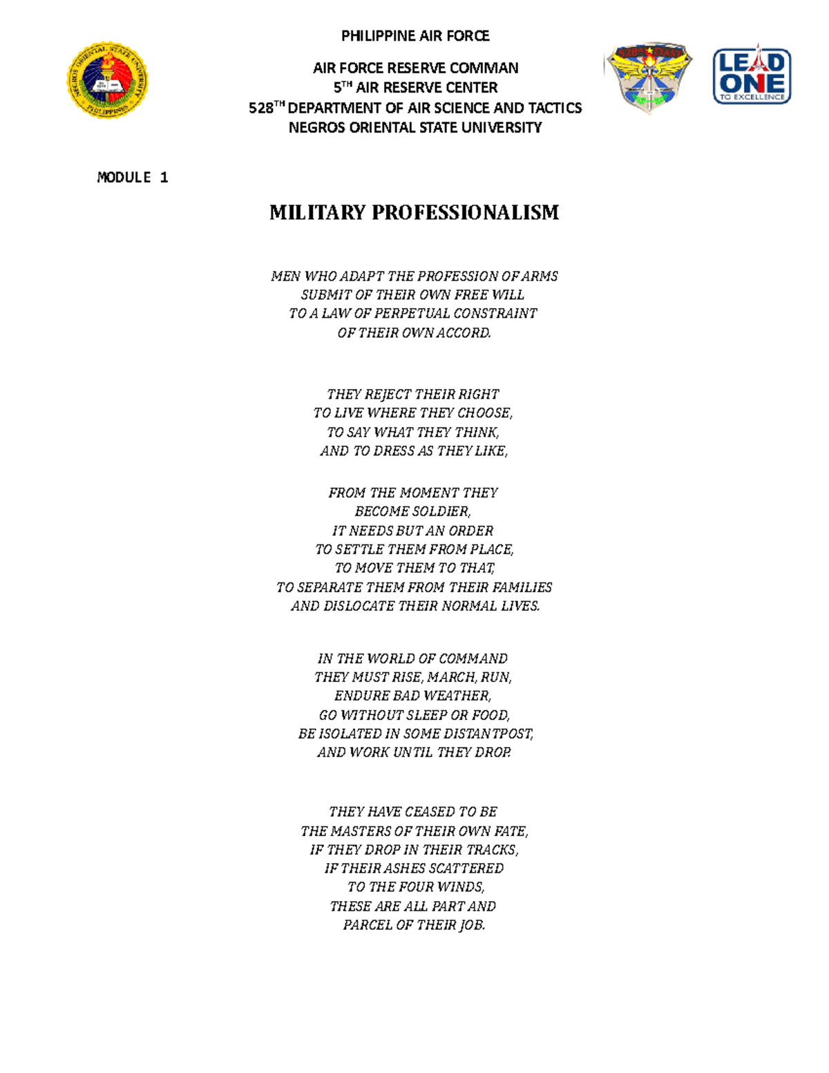 ROTC - Module-1 & 2 - Jjhxxbnjkk - MODULE 1 MILITARY PROFESSIONALISM ...