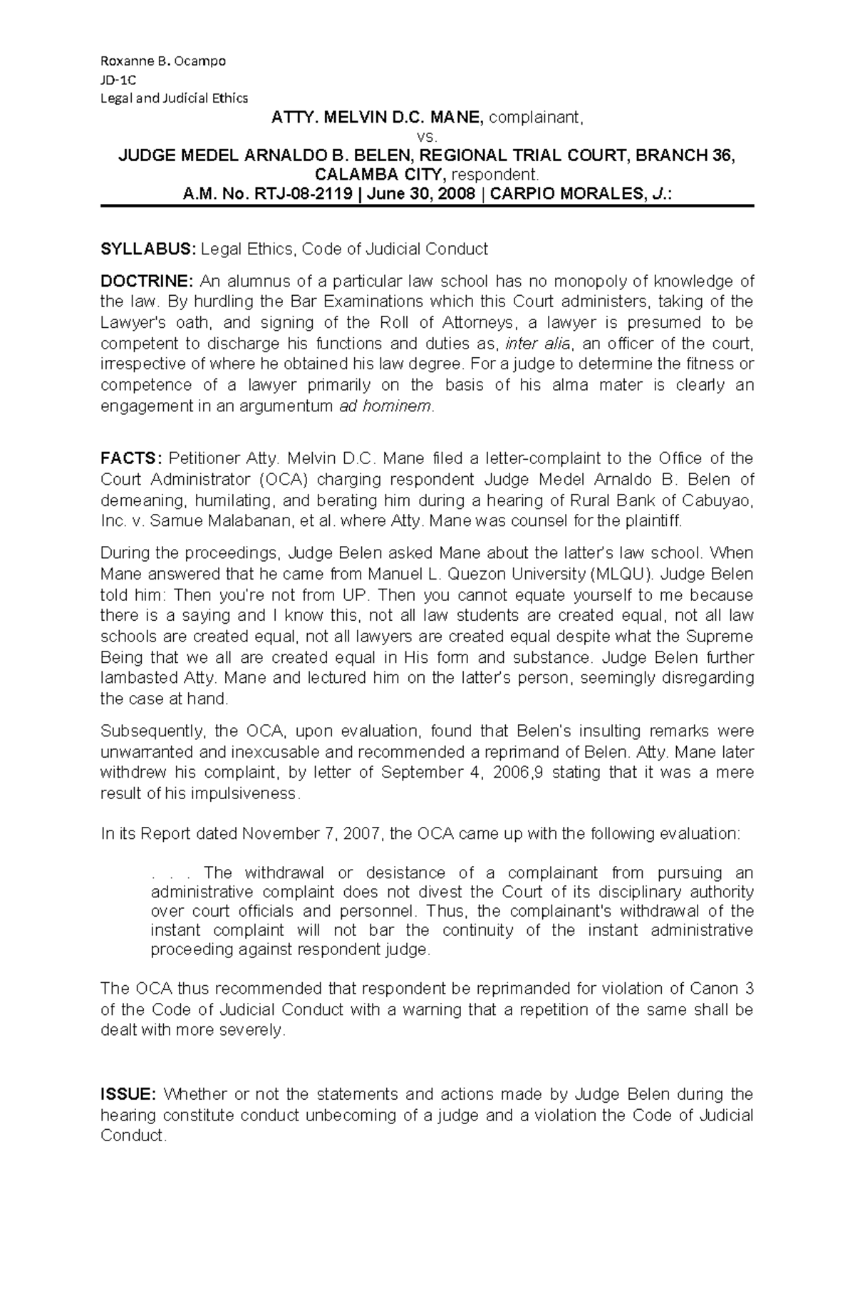 (Digest) Atty. Mane vs Judge Belen - A.M. No. RTJ-08-2119 (2008 ...