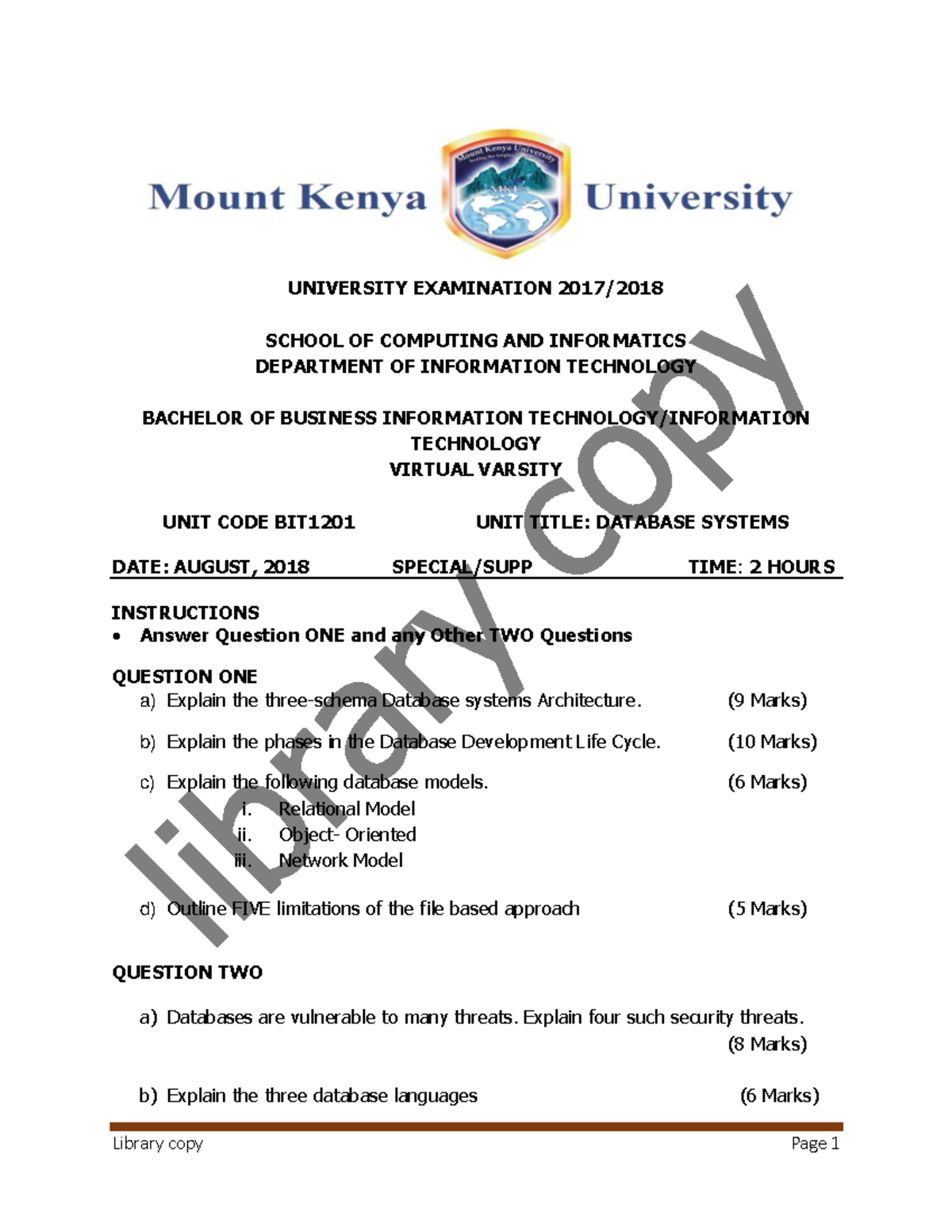 Bit1201 Database Systems Virt Supp Library Copy Page 1 University Examination 2017 School Of