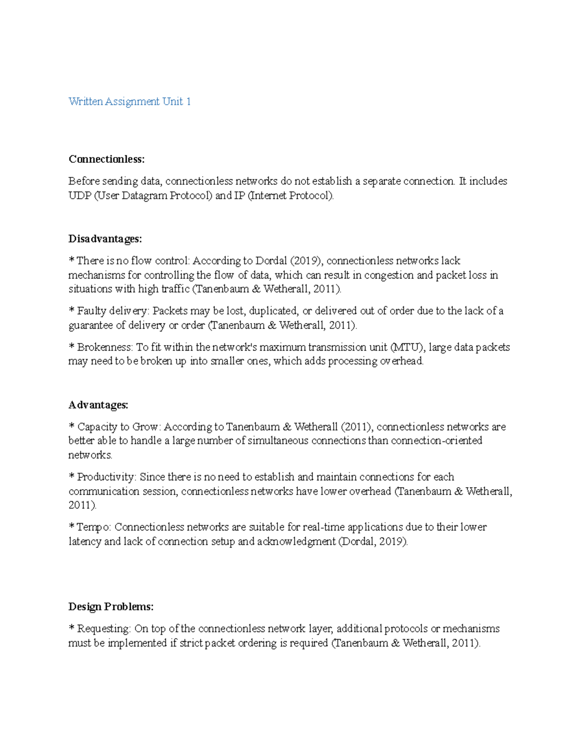 Assignment unit 1 - Communications and Networking - Written Assignment Unit 1 Connectionless ...