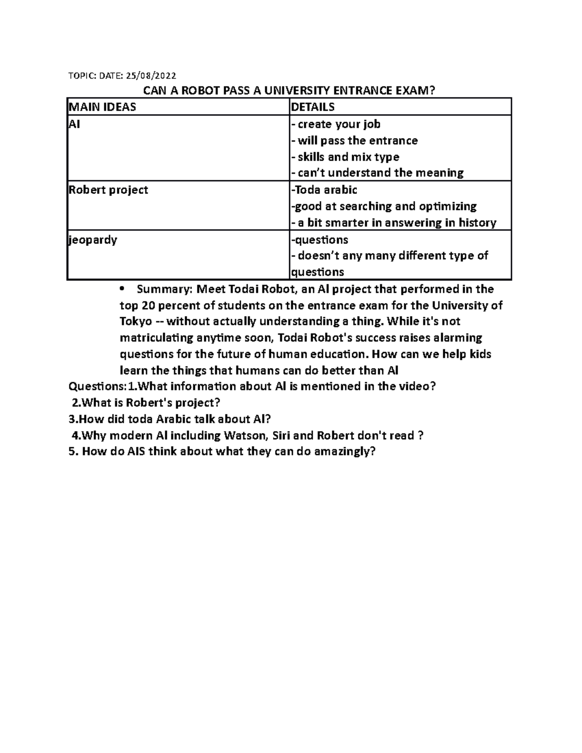 Topic - ngo - TOPIC: DATE: 25/08/ CAN A ROBOT PASS A UNIVERSITY ...