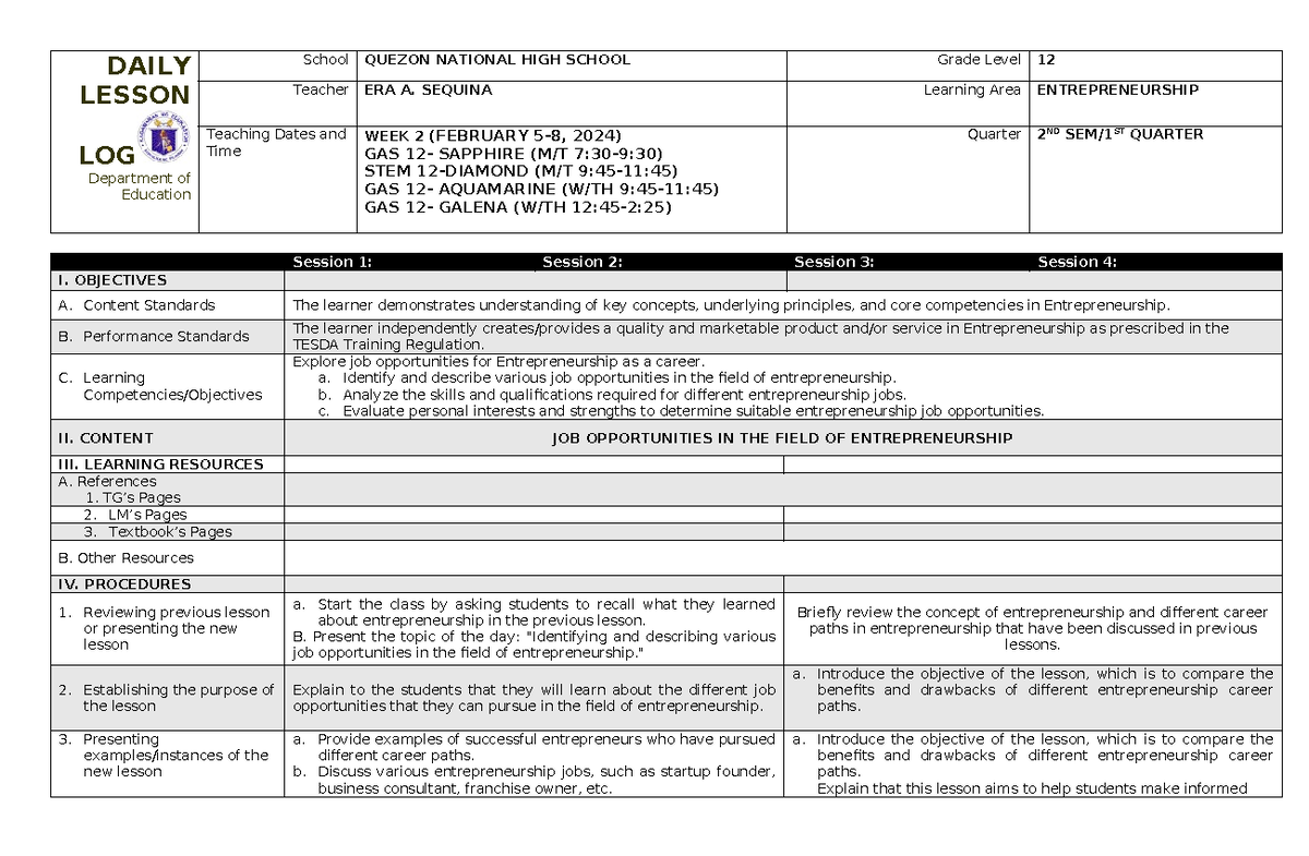 Entrep Q1 WEEK2 - edited - DAILY LESSON LOG Department of Education ...