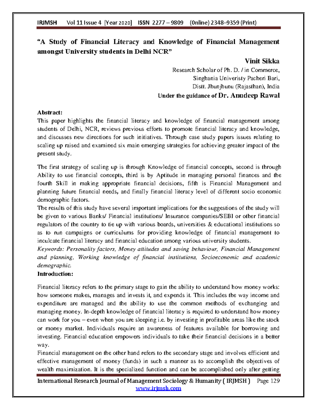 A Study of Financial Literacy and Knowle - D. / in Commerce, Singhania ...