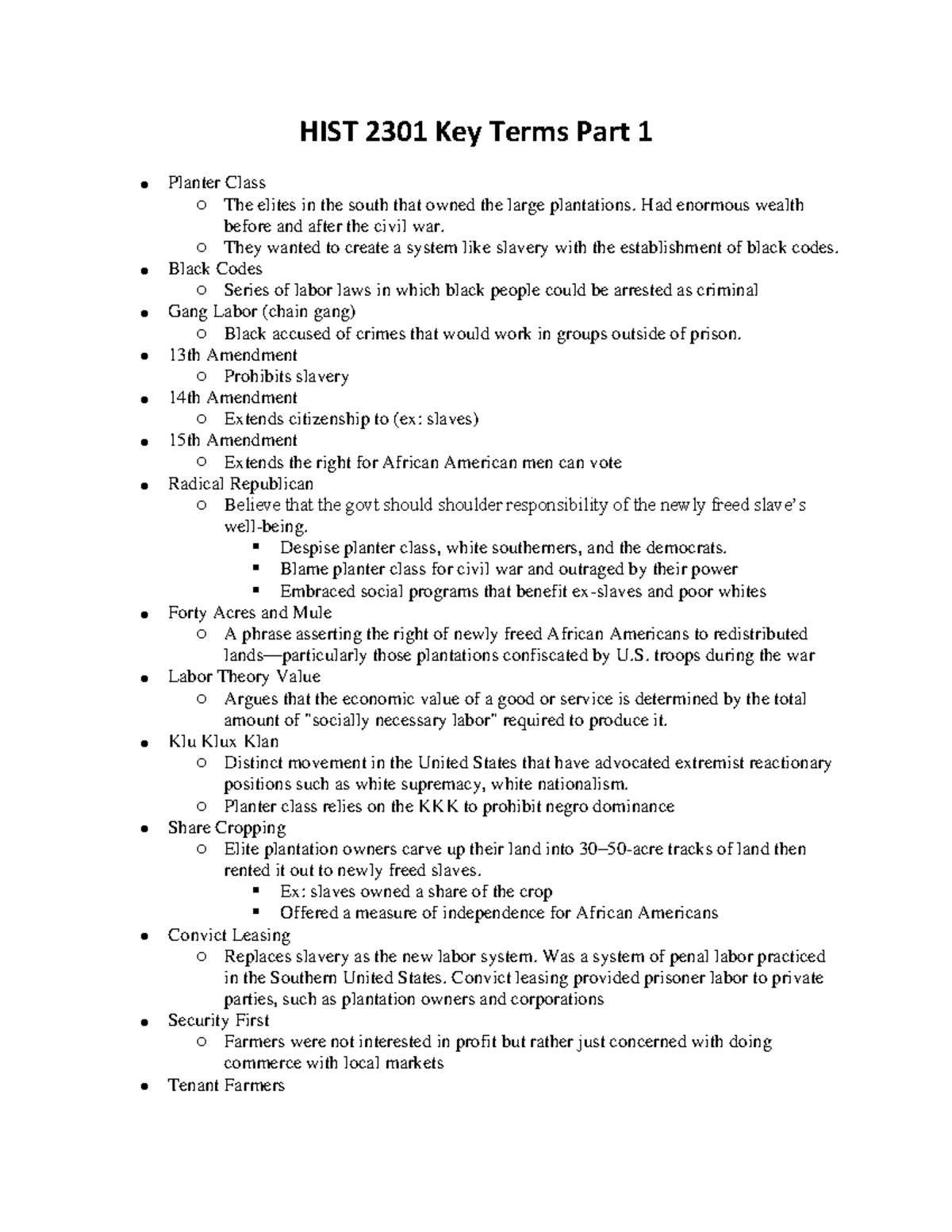 HIST 2301 Key Terms Part 1 - HIST 2301 Key Terms Part 1 Planter Class o ...