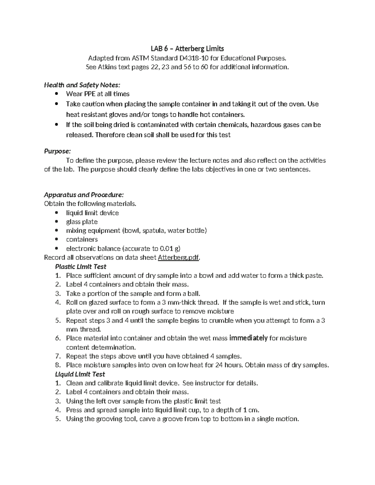 Lab 6 Protocols wo rubric - LAB 6 – Atterberg Limits Adapted from ASTM ...