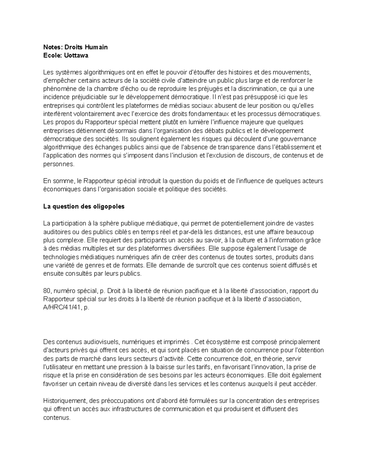 Droits humain 20 - Notes - Notes: Droits Humain Ecole: Uottawa Les ...