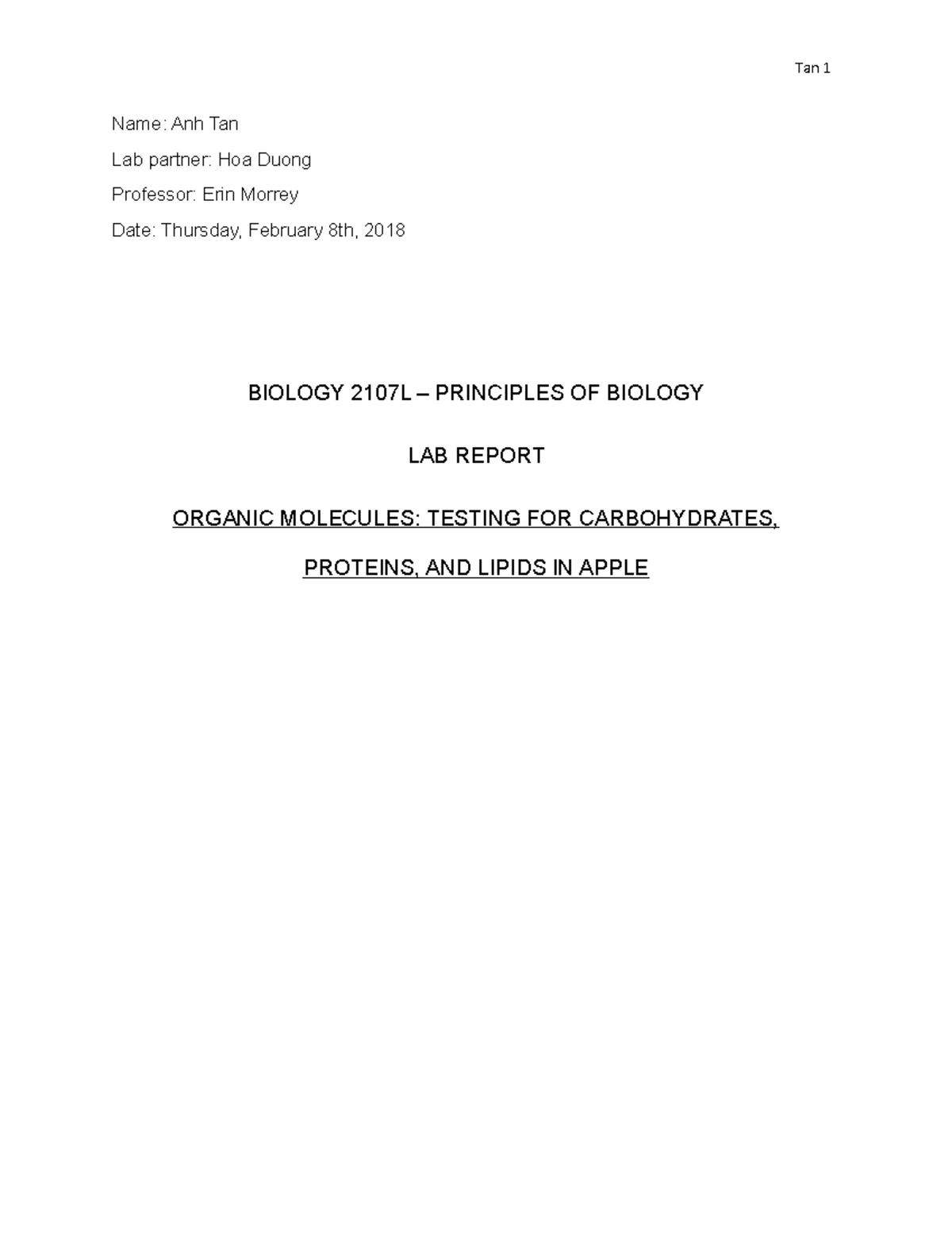 Bio Organic Molecules Report - Tan 1 Name: Anh Tan Lab partner: Hoa ...