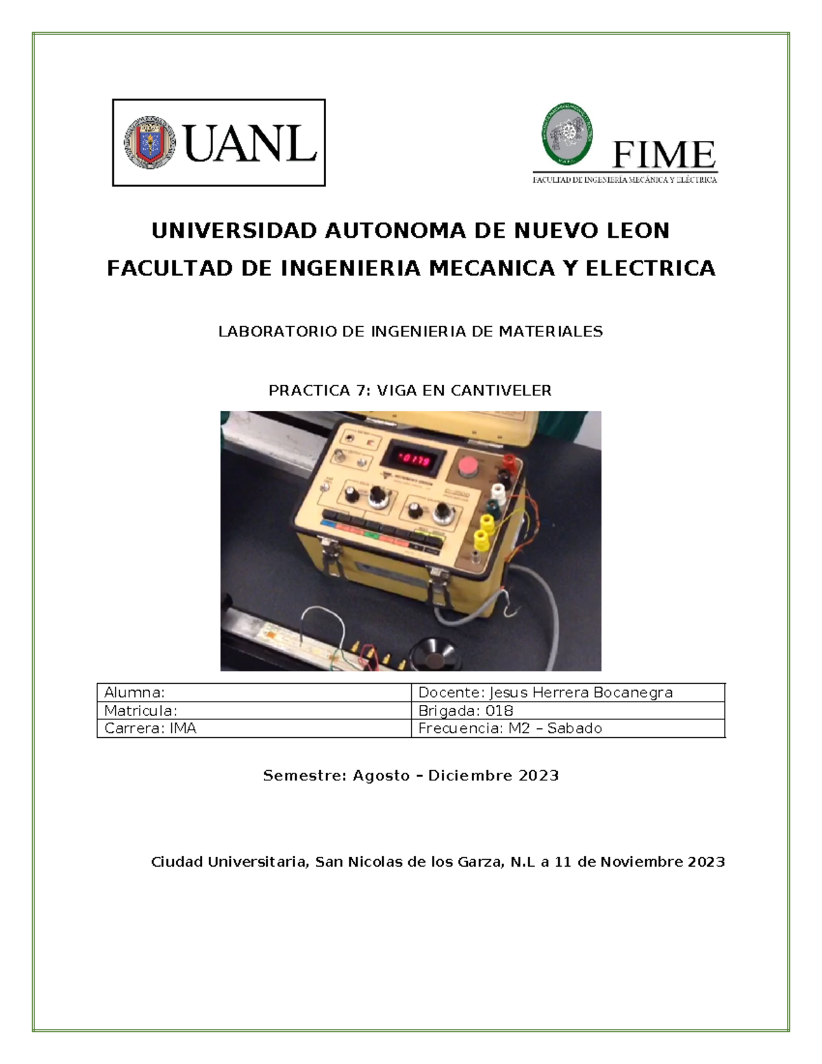 P7- Lab Ing Mat - UNIVERSIDAD AUTONOMA DE NUEVO LEON FACULTAD DE INGENIERIA MECANICA Y ELECTRICA ...