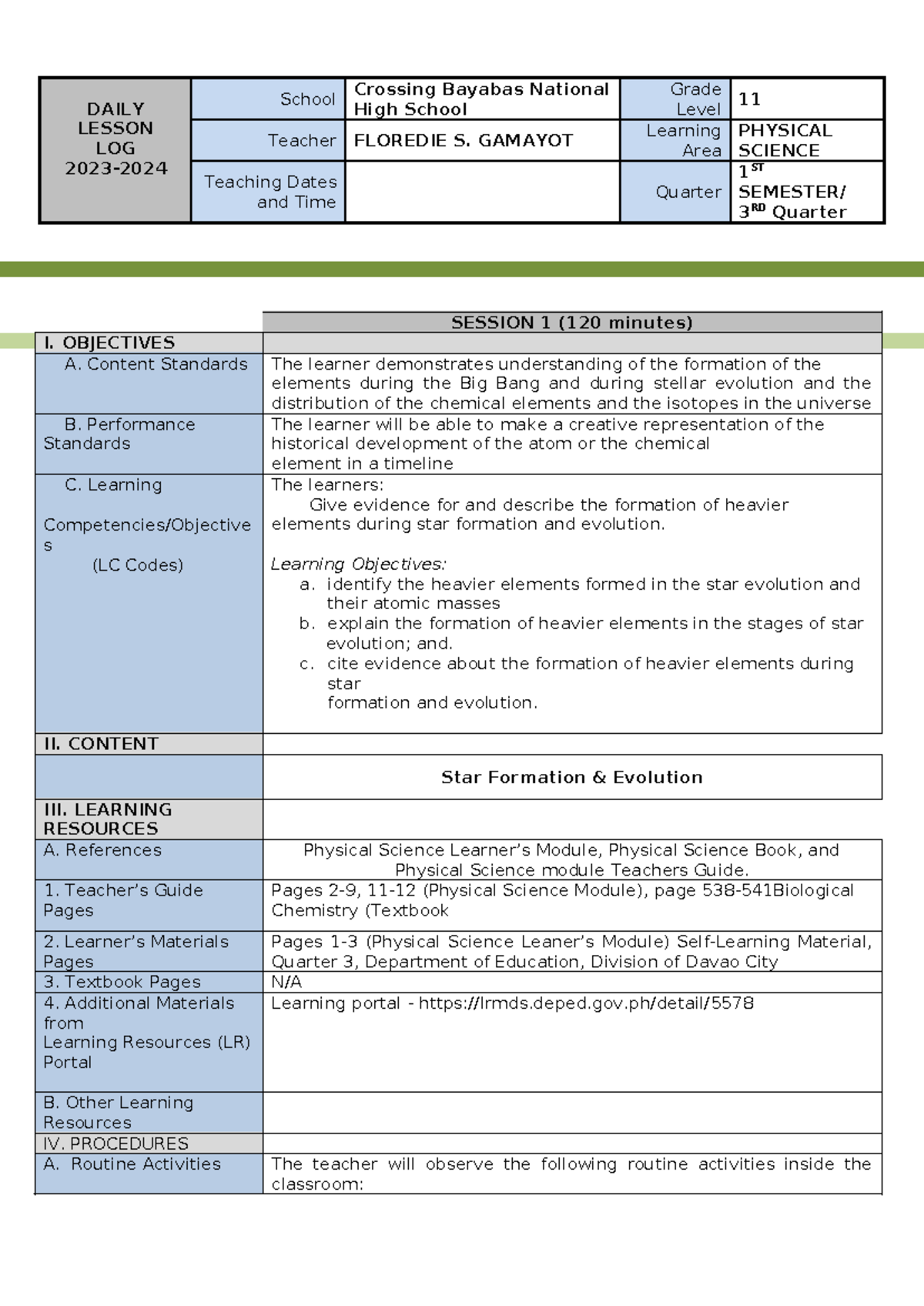 DLP.COR 11 01 - daily lesson log - DAILY LESSON LOG 2023- School ...