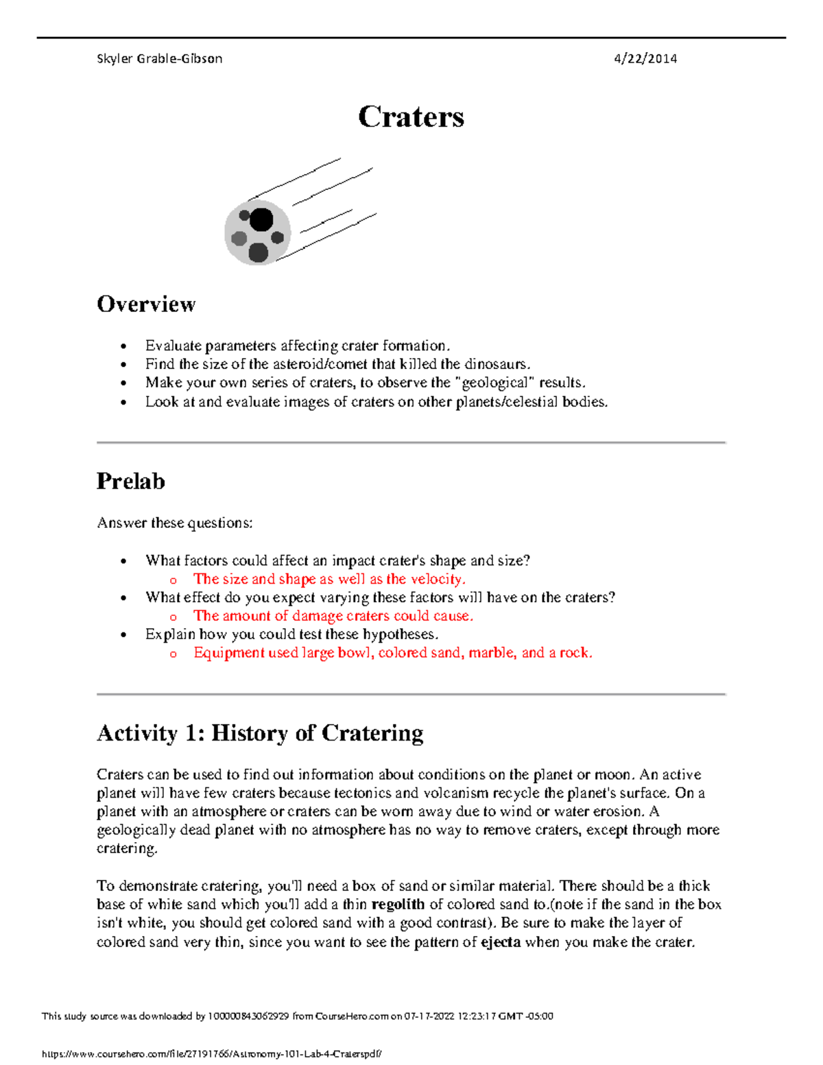Astronomy 101 Lab 4 Craters - Skyler Craters Overview Evaluate ...