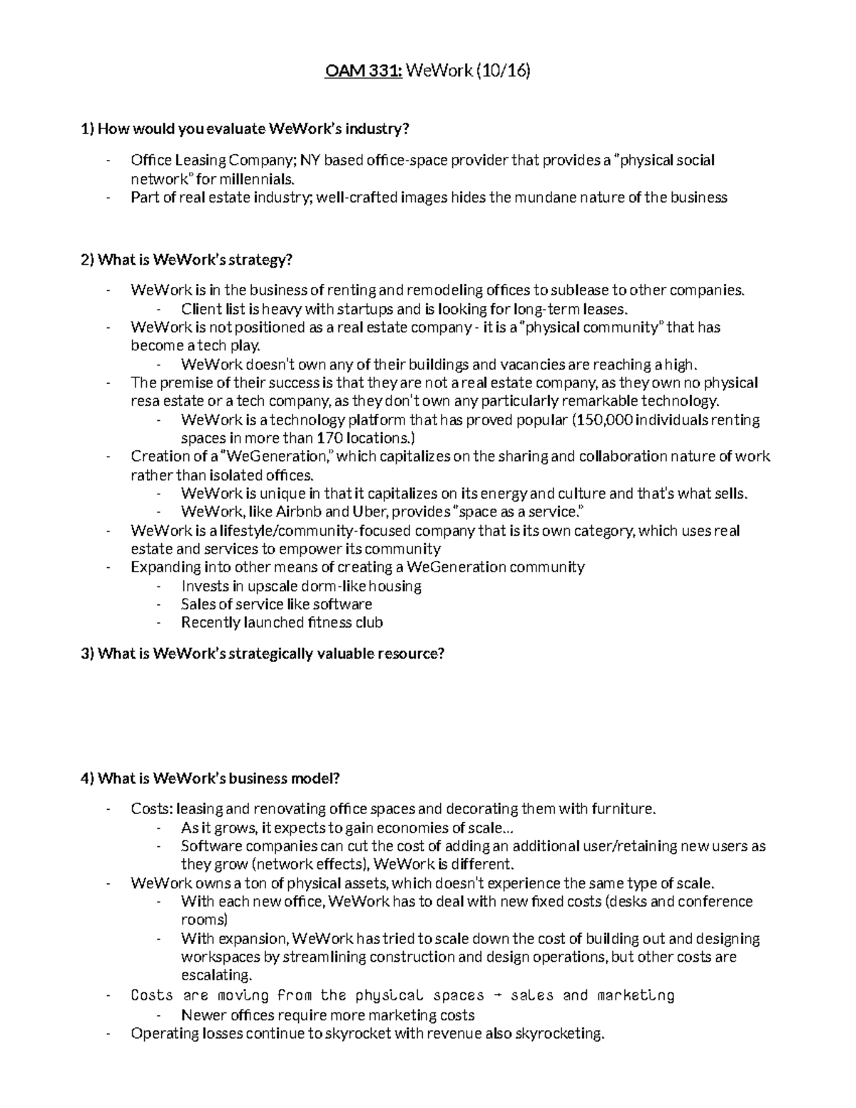 OAM 331 We Work Case + Q's - OAM 331: WeWork (10/16) How would you ...