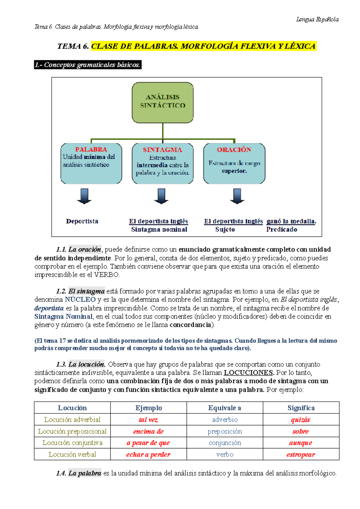 Resumen lengua tema 06 - Morfología flexiva - Tema 6. Clases de palabras. Morfología flexiva y ...