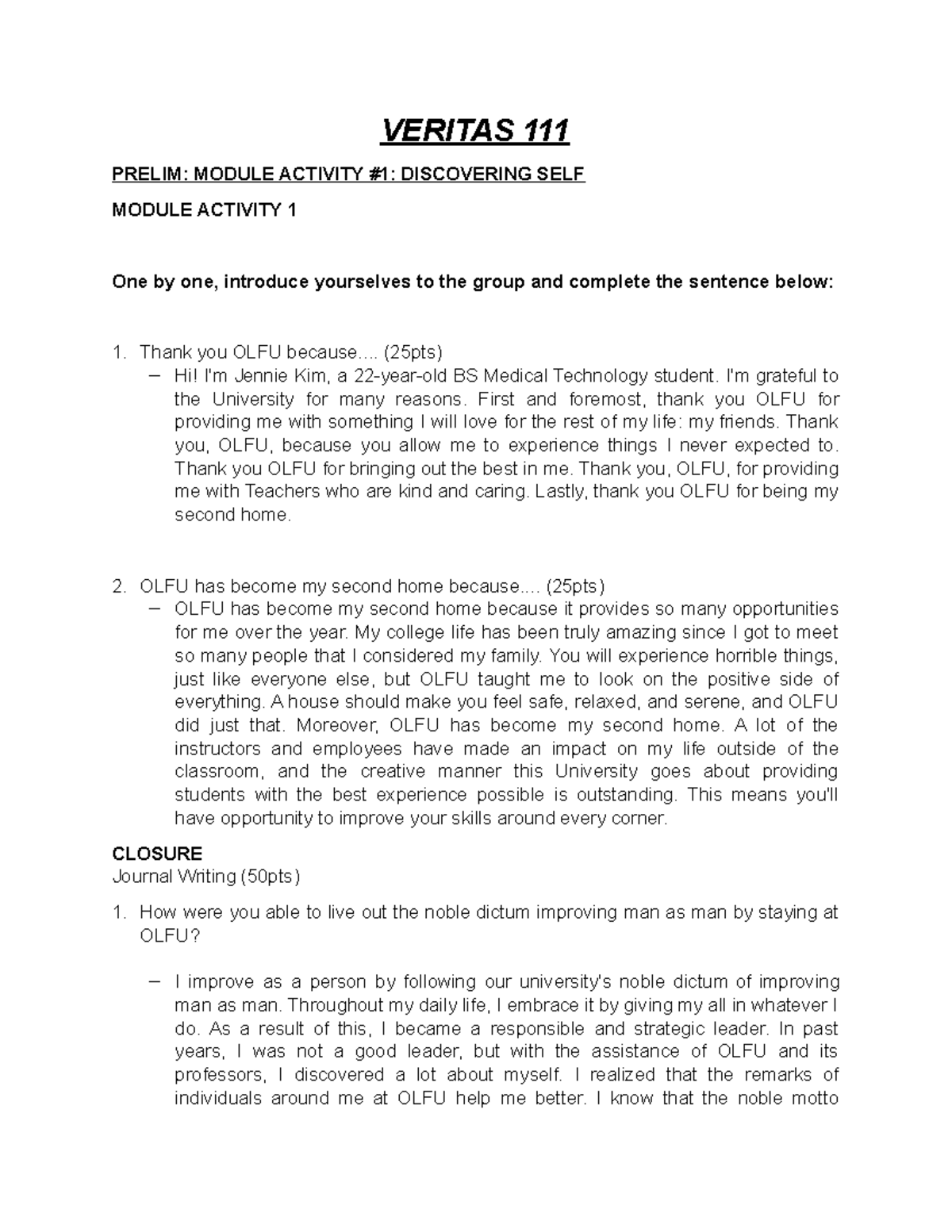 Veritas 1 sss - VERITAS 111 PRELIM: MODULE ACTIVITY #1: DISCOVERING ...