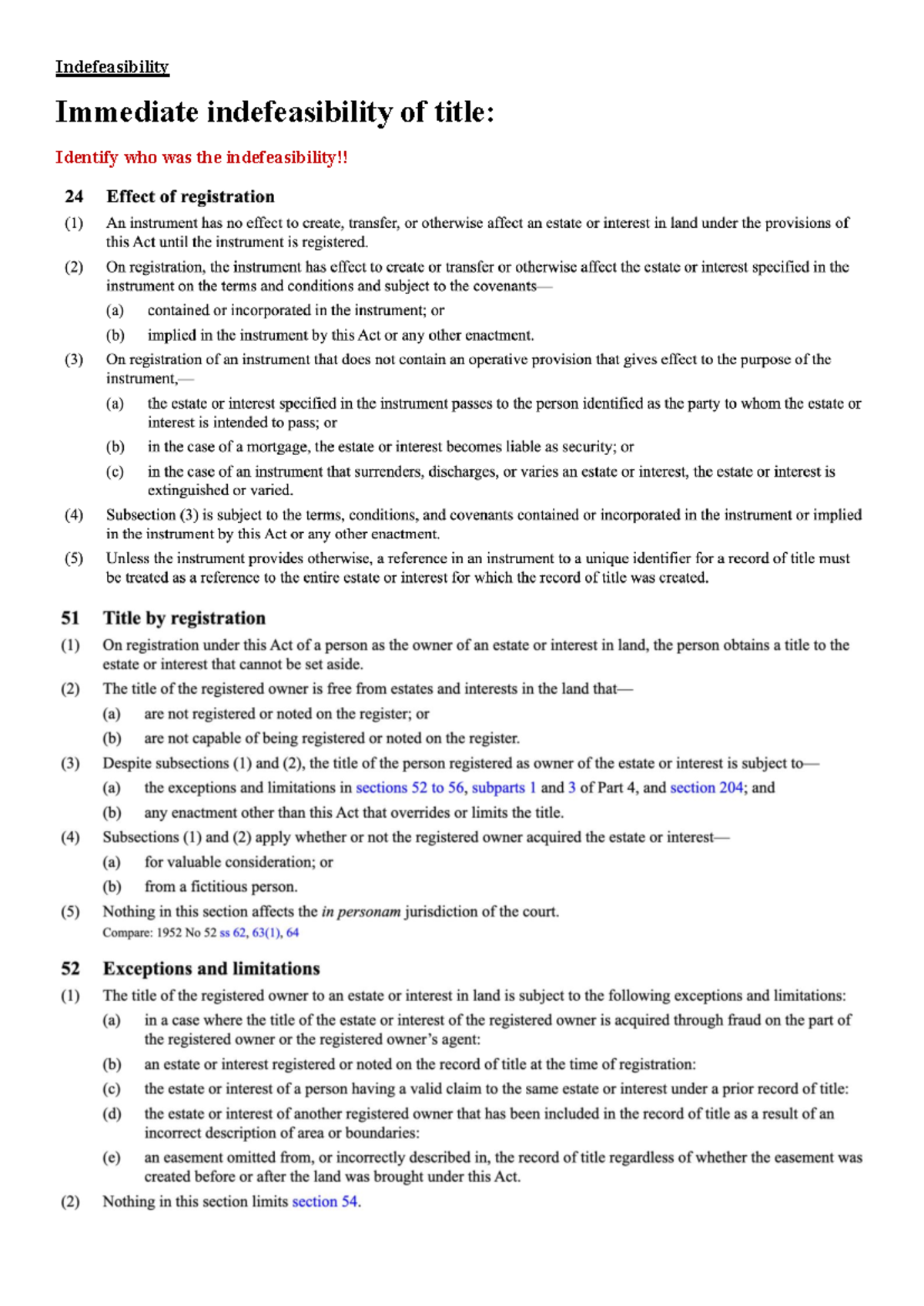 Land law cheat sheet - Summary Land Law - Indefeasibility Immediate ...