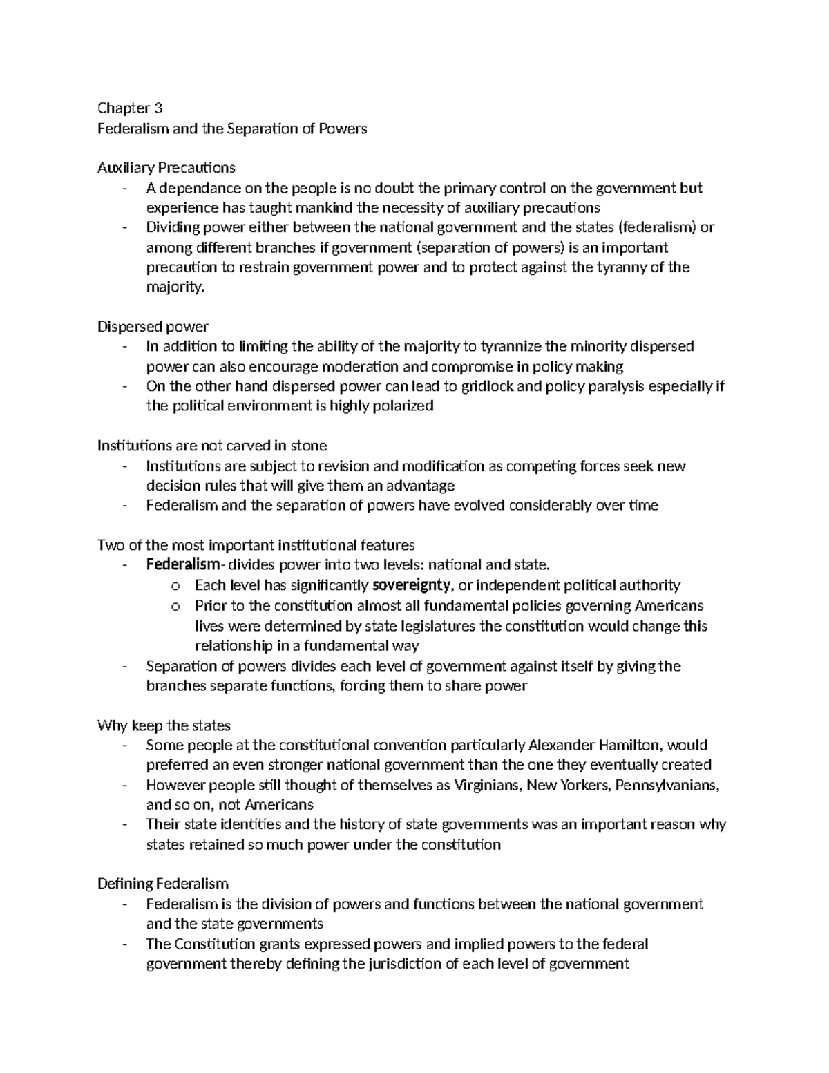 History Chapter 3 - Chapter 3 Federalism and the Separation of Powers ...