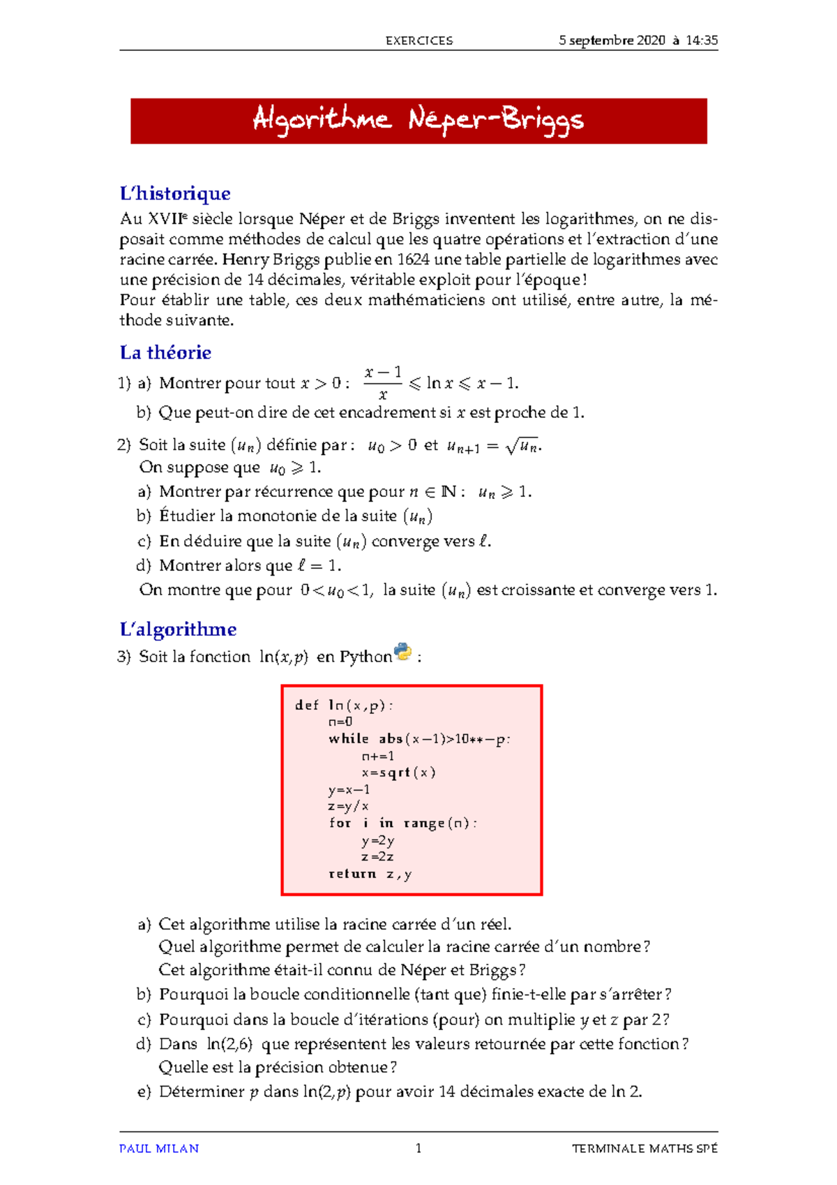 05 algorithme neper briggs - EXERCICES 5 septembre 2020 à 14 ...