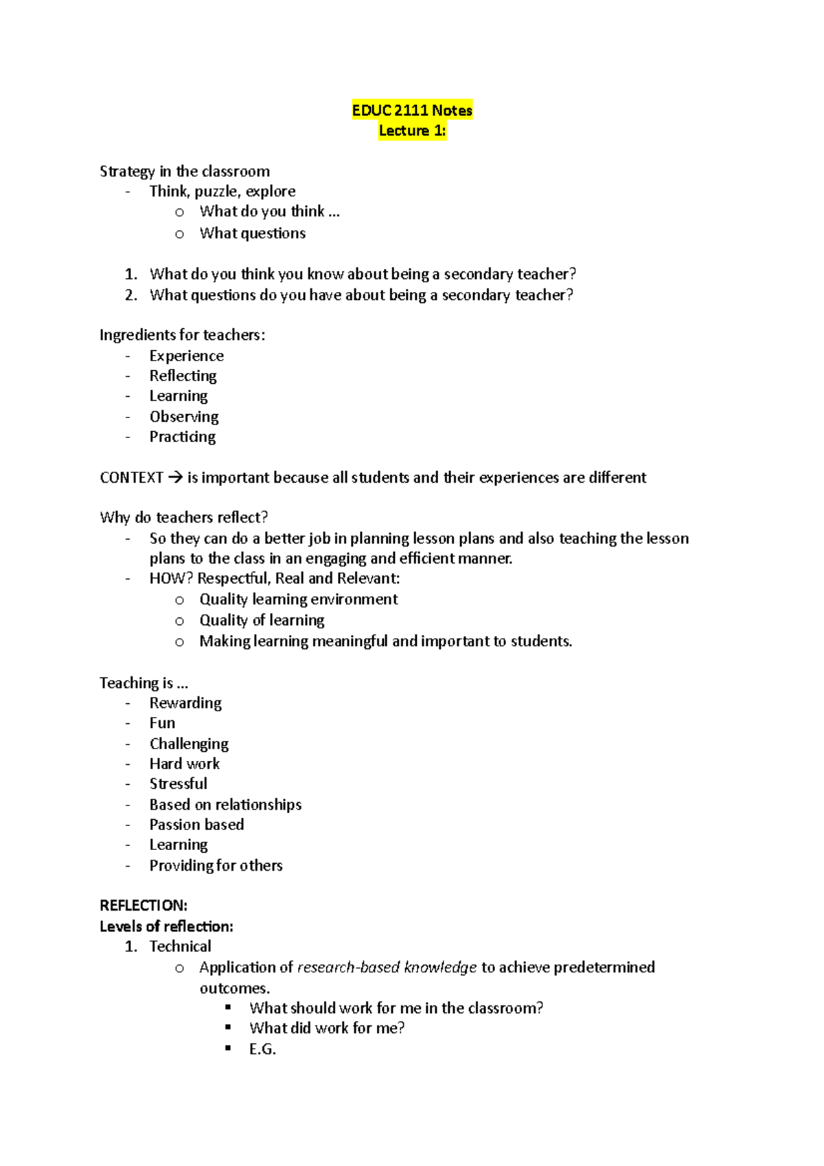 EDUC 2111 Notes - EDUC 2111 Notes Lecture 1: Strategy in the classroom ...