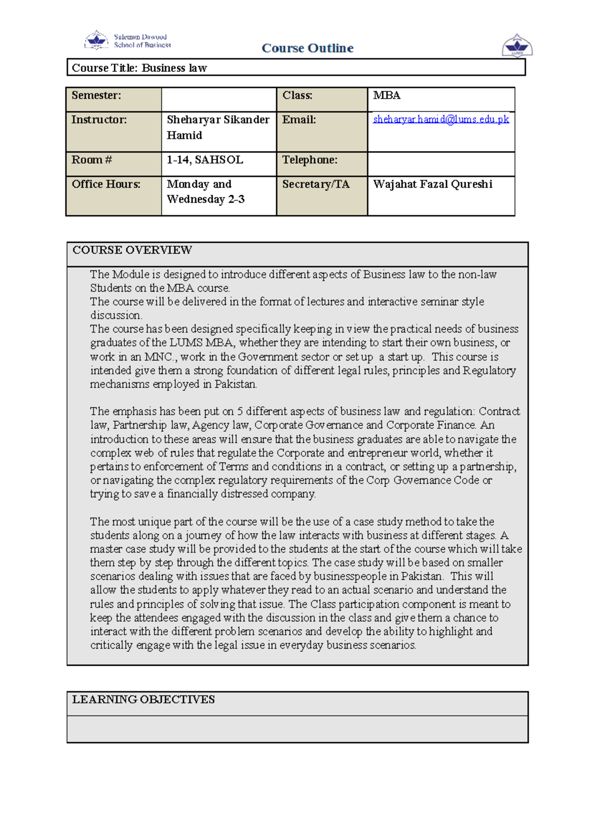 MBA Course Outline Finalized - Business Law 79 - Course Title: Business ...