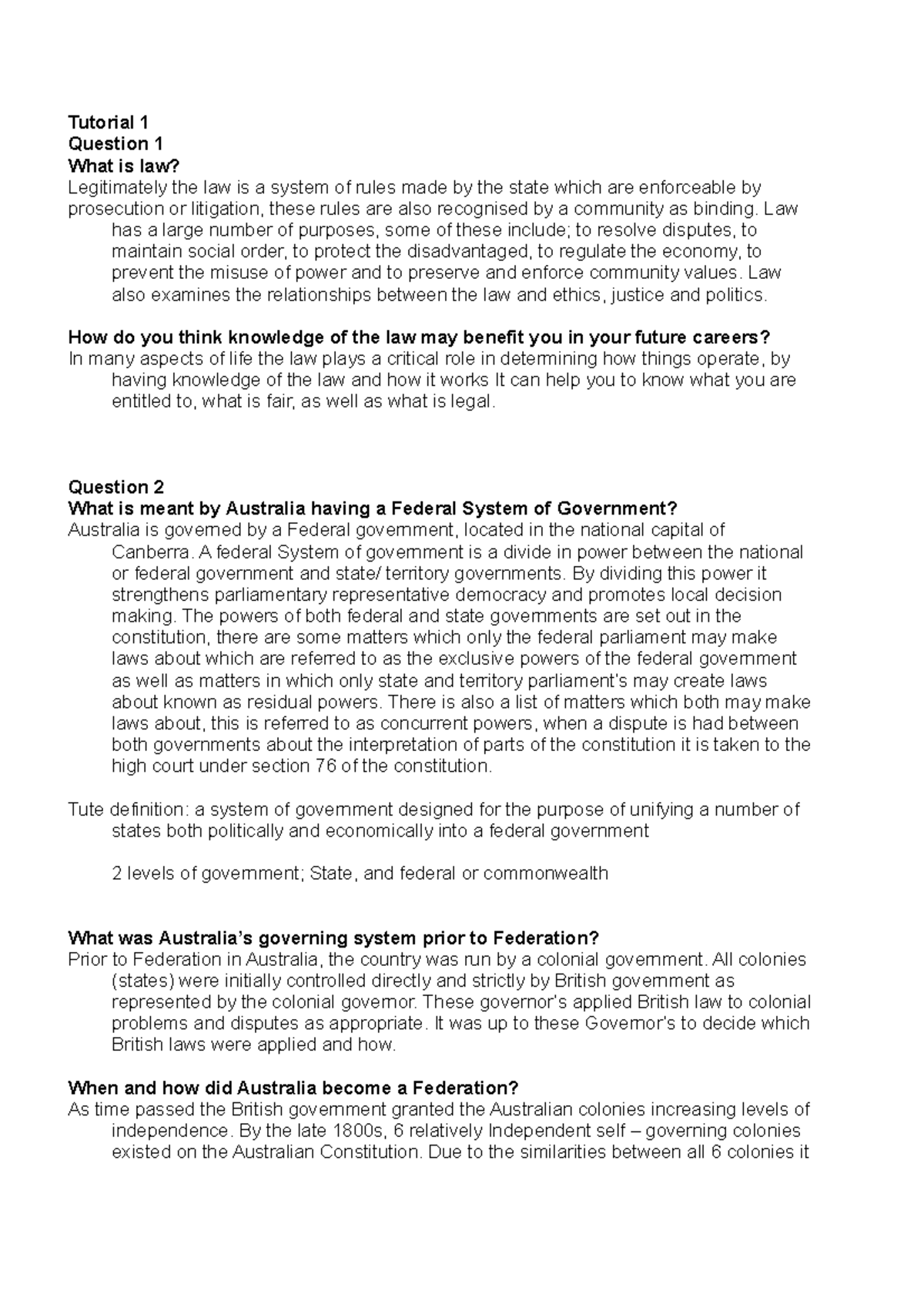 Question 1 - Monday 9th Aug - Tutorial 1 Question 1 What is law ...