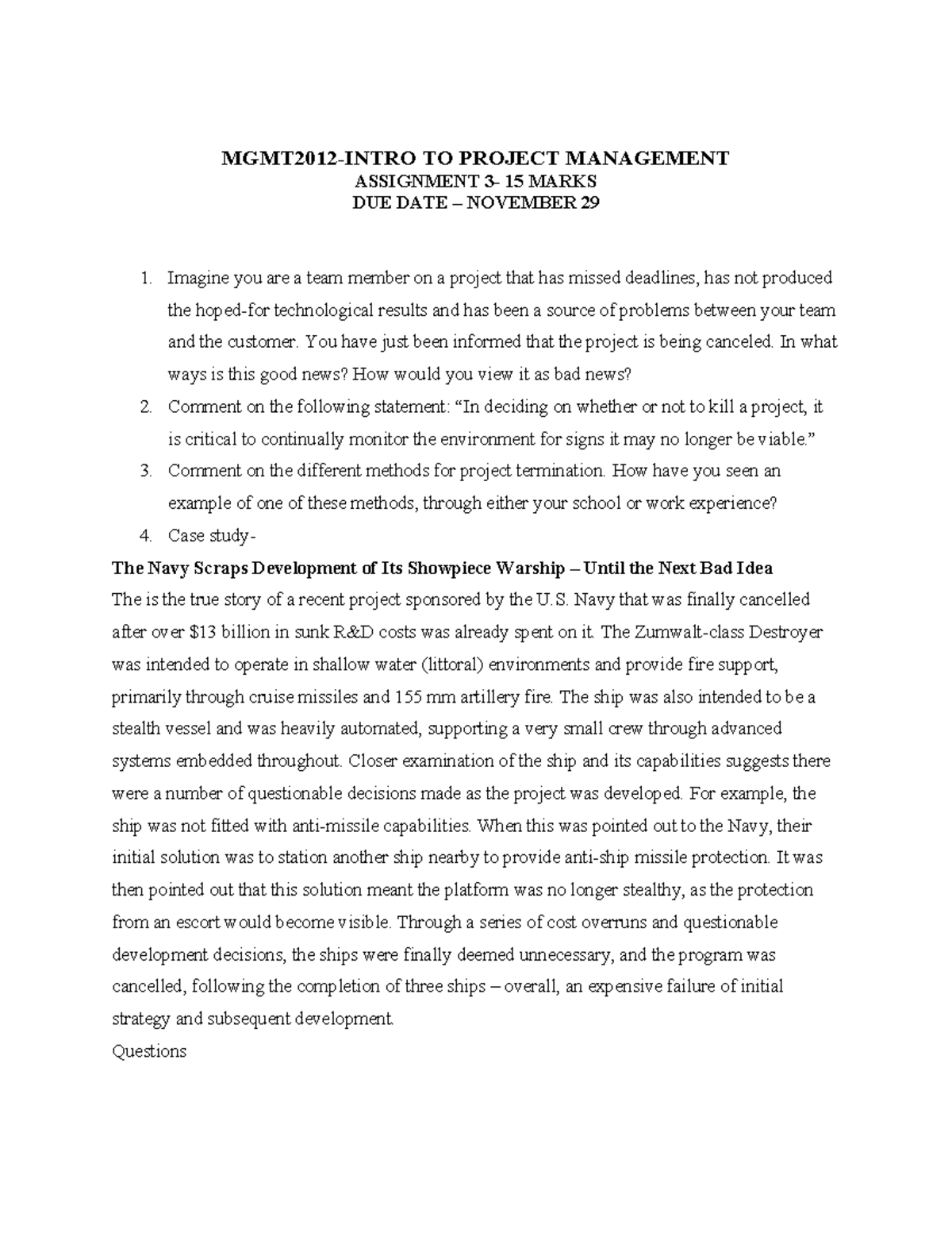 Assignment 3 - is this enough - MGMT2012-INTRO TO PROJECT MANAGEMENT ASSIGNMENT 3- 15 MARKS DUE ...