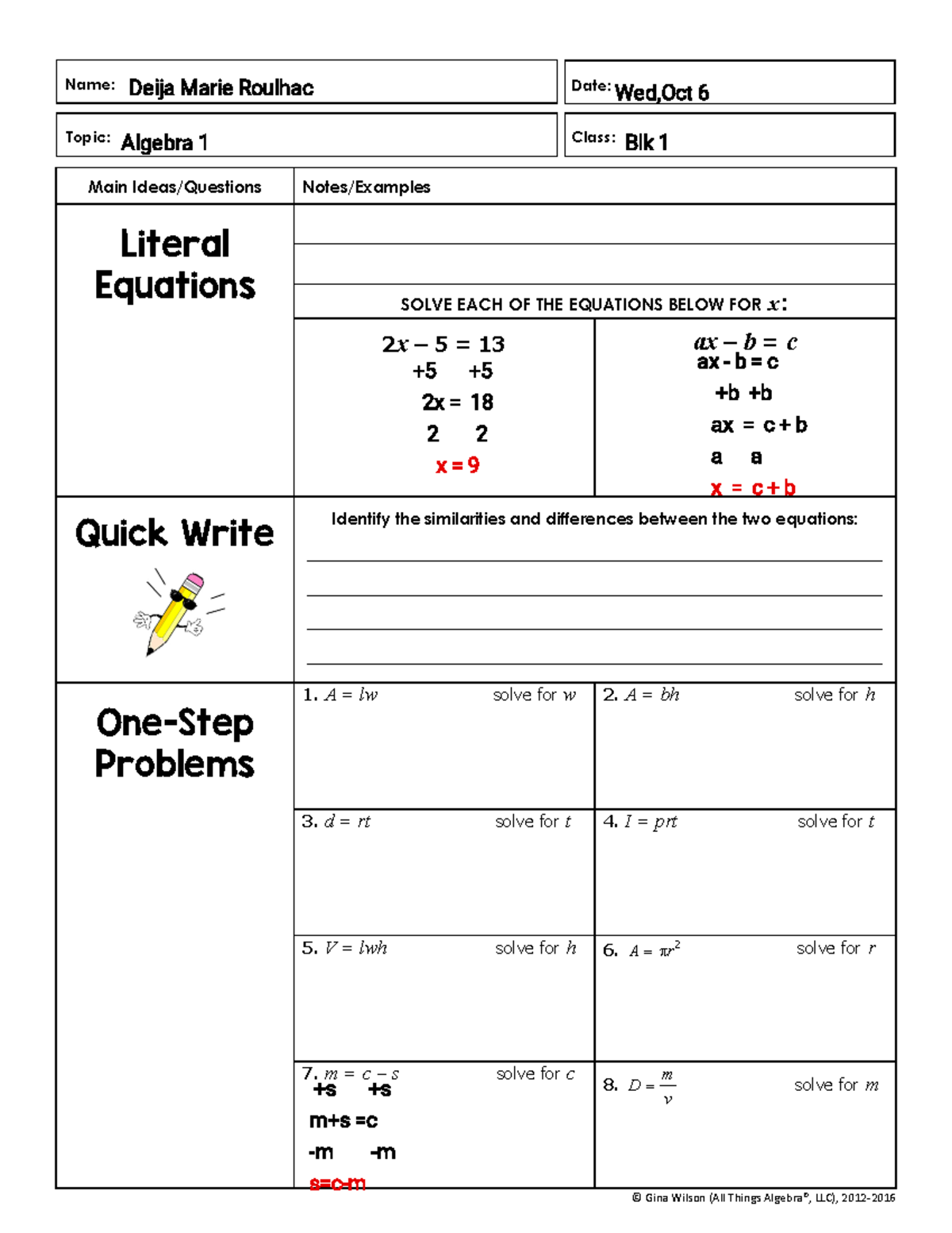 Yoo This Is Literal Equations Chms 7th Grade Algebra 1 Geometry Nexy