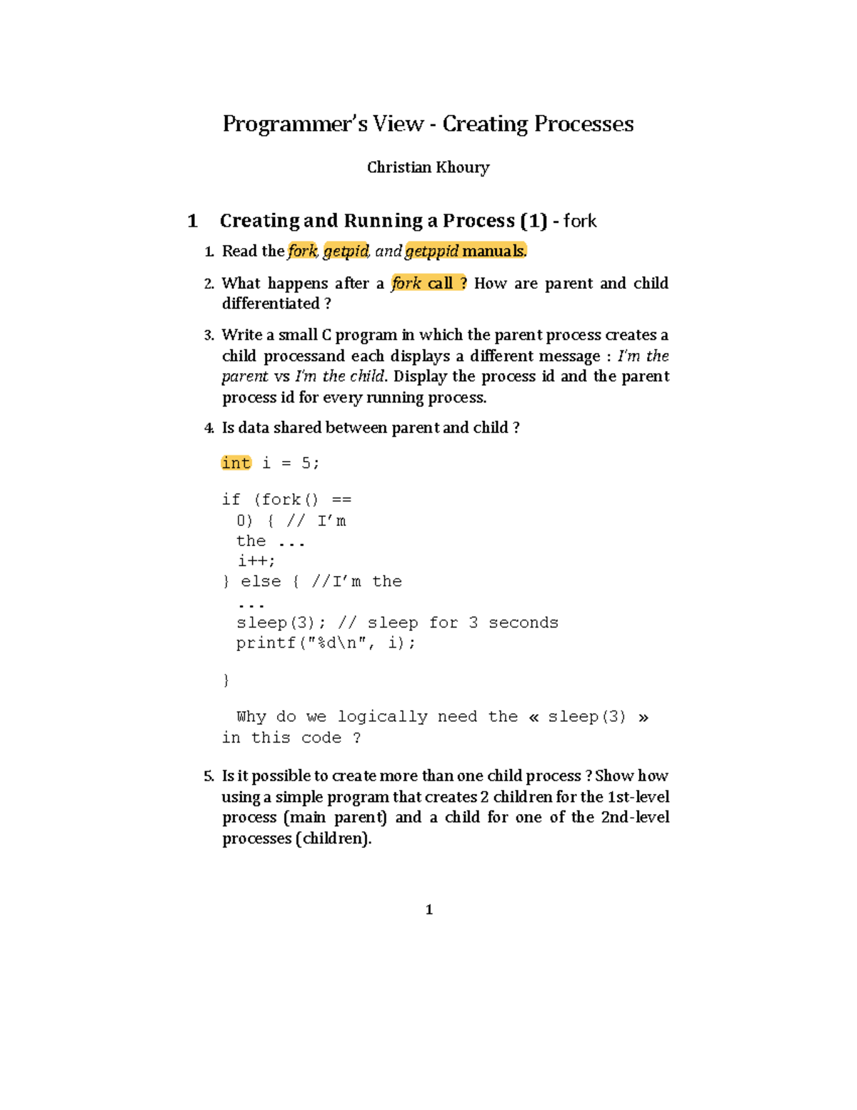 Lab1 operating system - 1 Programmer’s View - Creating Processes ...